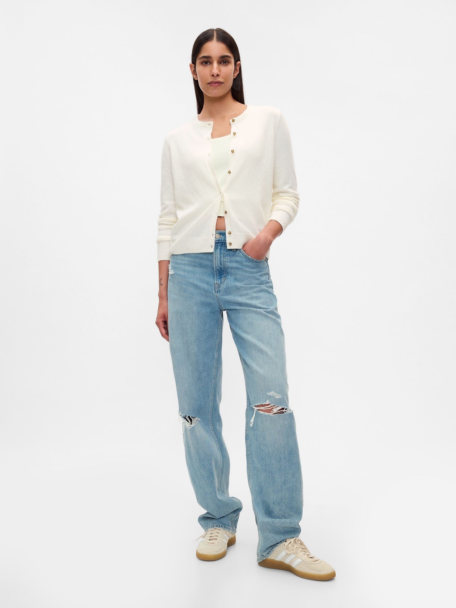 White CashSoft Lightweight Crew Neck Cardigan | Gap