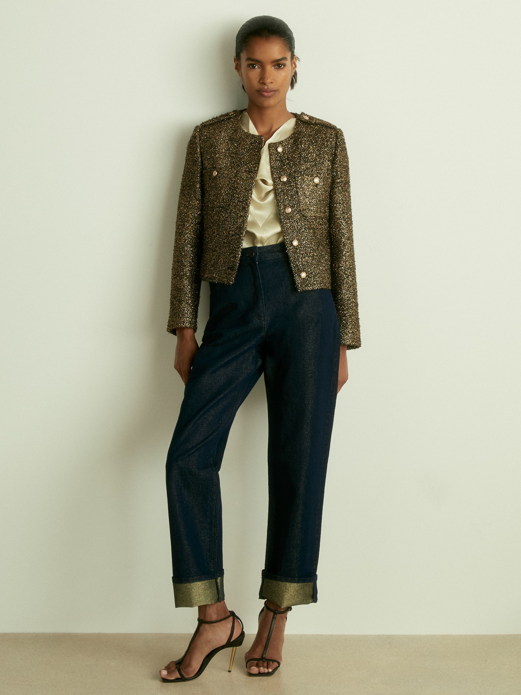 Reiss Petite Metallic Knit Cropped Jacket in Gold - REISS
