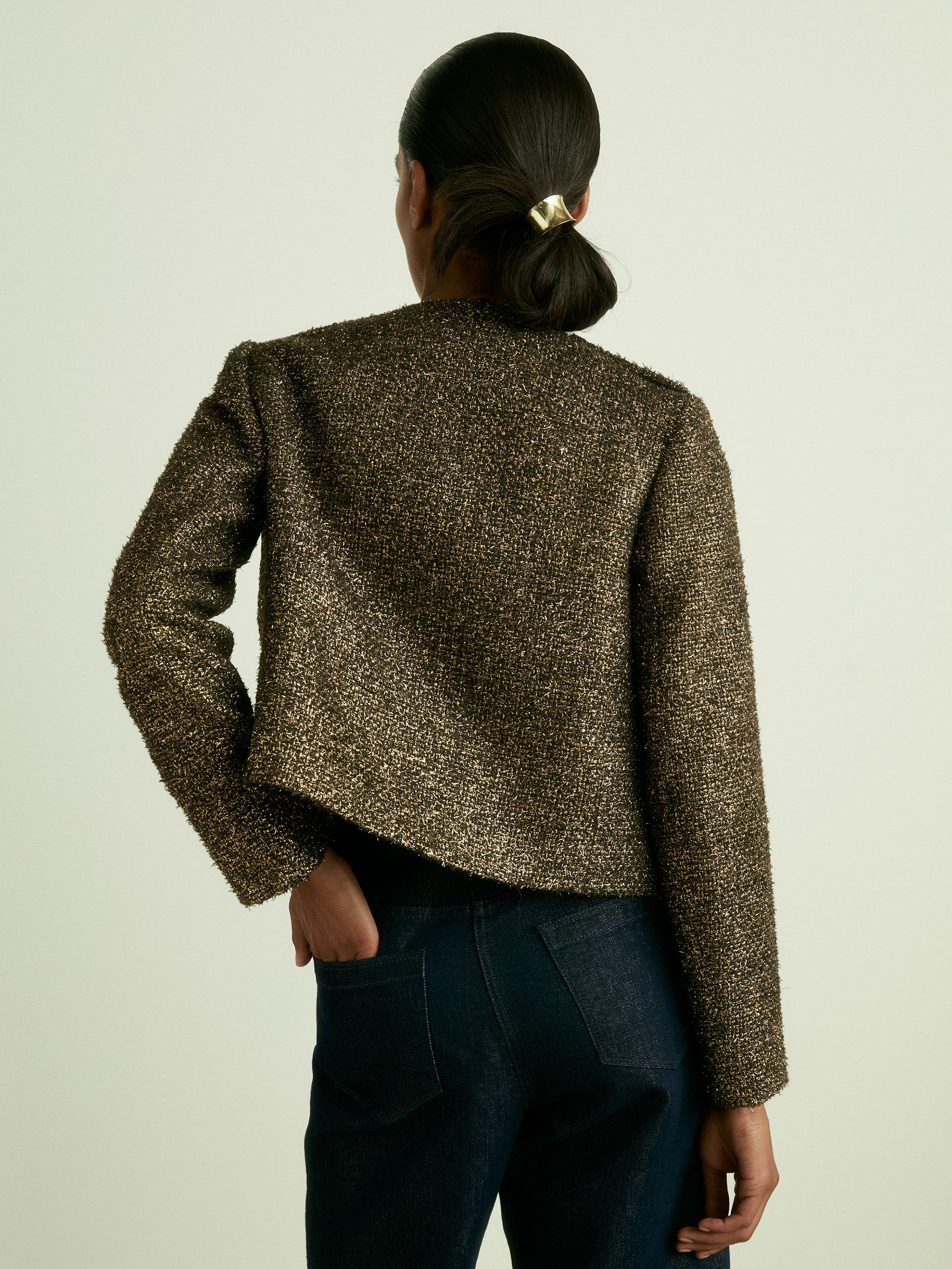 Reiss Petite Metallic Knit Cropped Jacket in Gold - REISS