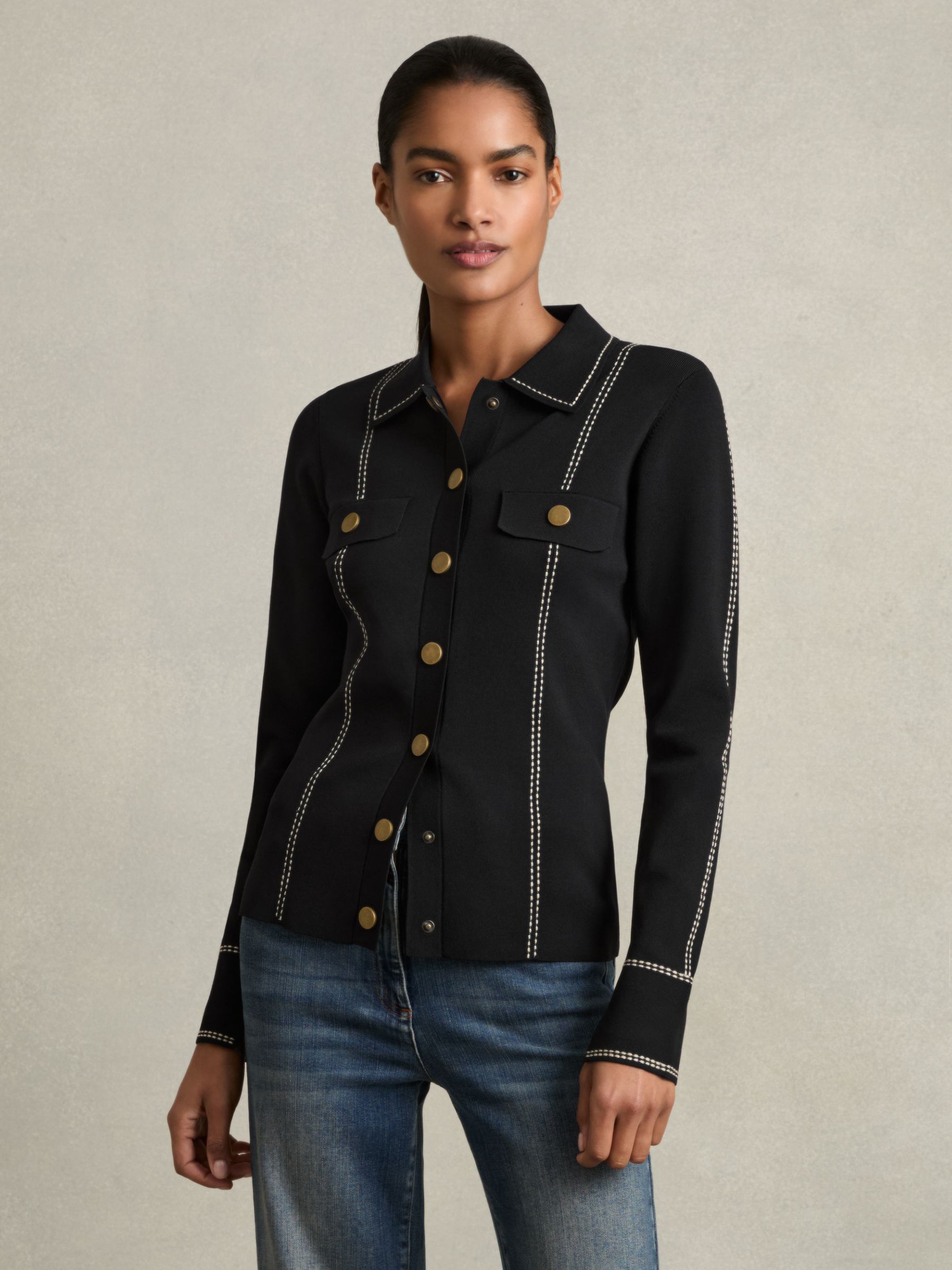 Reiss Compact-Knit Topstitched Press-Stud Top in Black | REISS