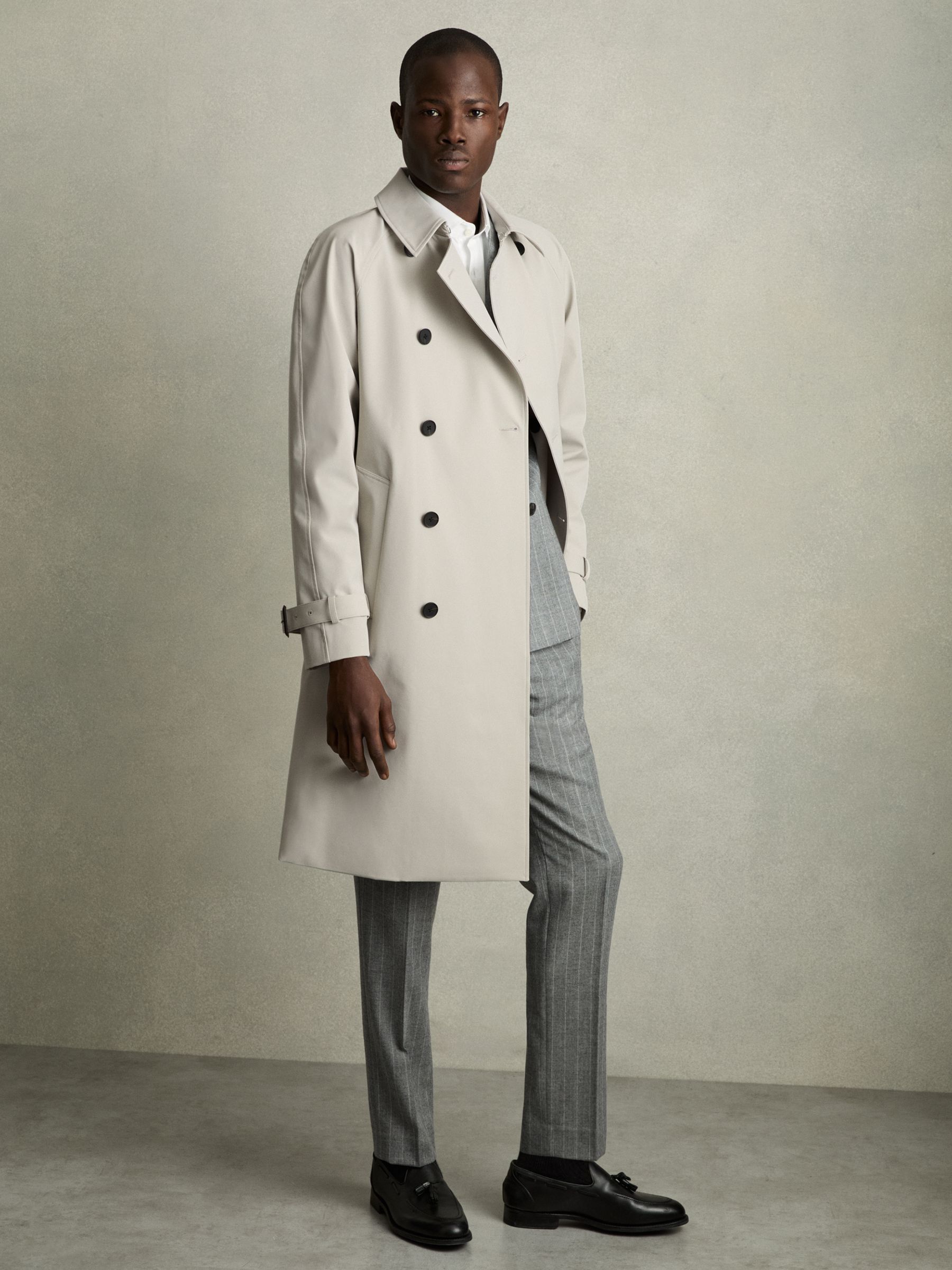 Reiss Double-Breasted Long Trench Coat in Stone | REISS