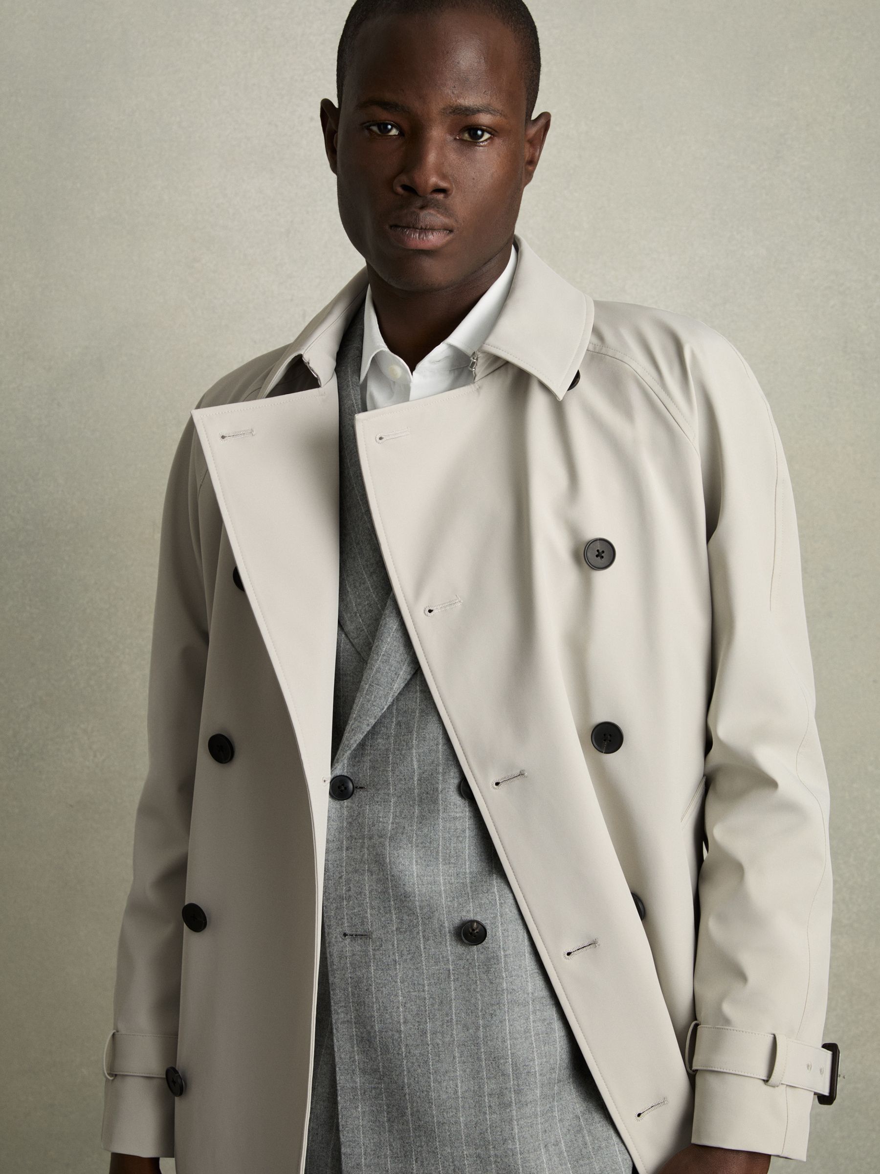 Reiss Double-Breasted Long Trench Coat in Stone | REISS
