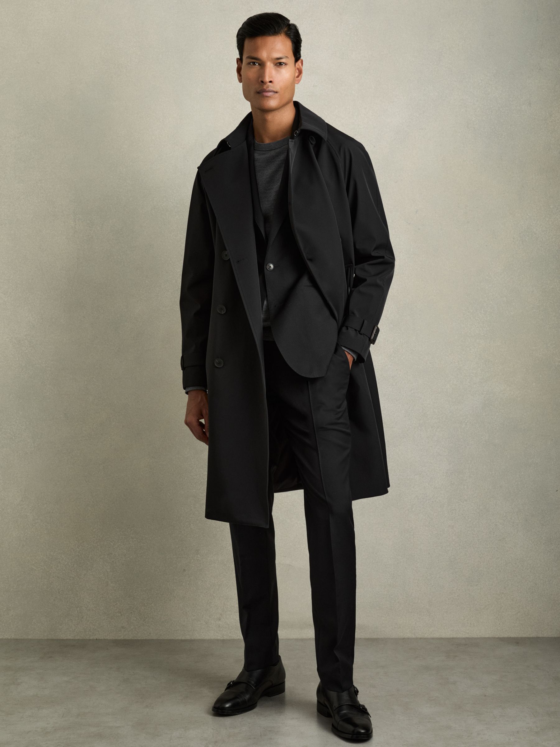 Reiss Double Breasted Long Trench Coat in Black - REISS