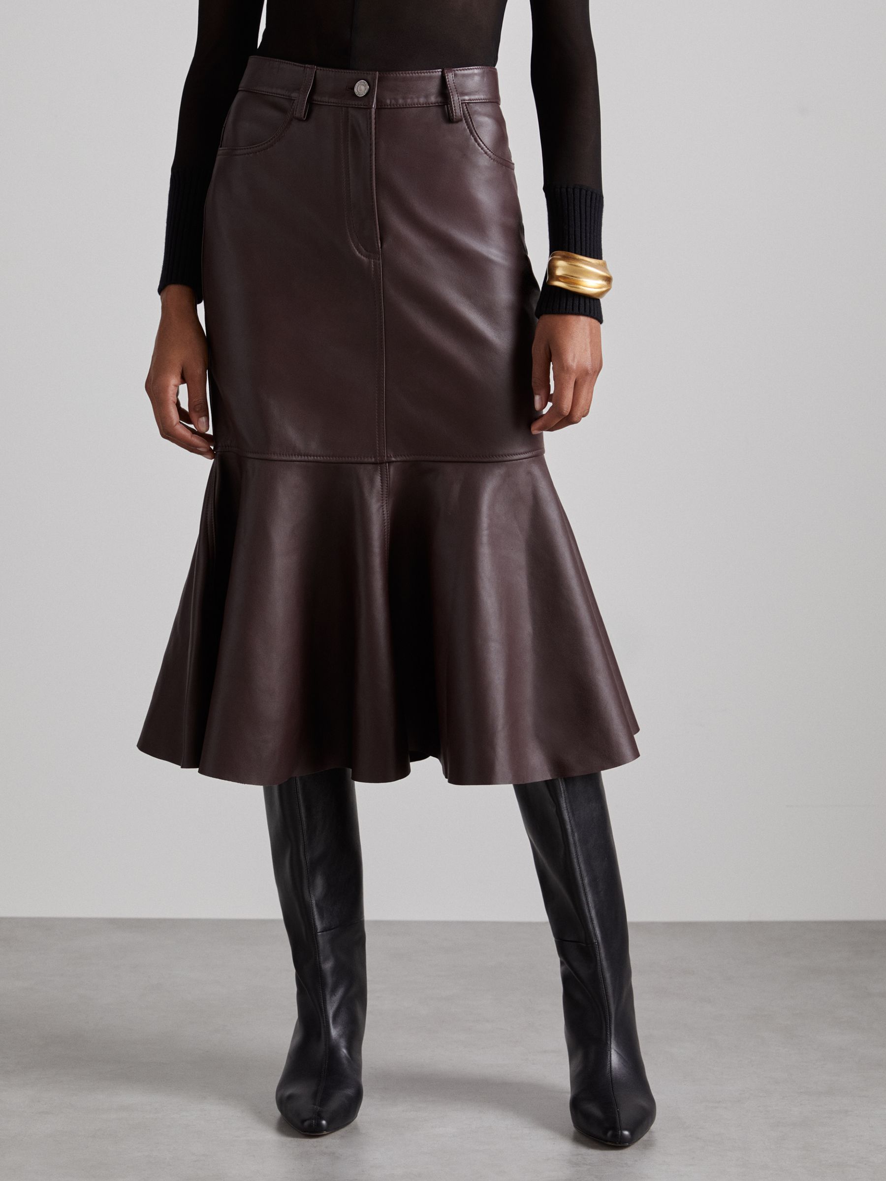 Reiss Atelier Leather Fluted Midi Skirt in Burgundy | REISS