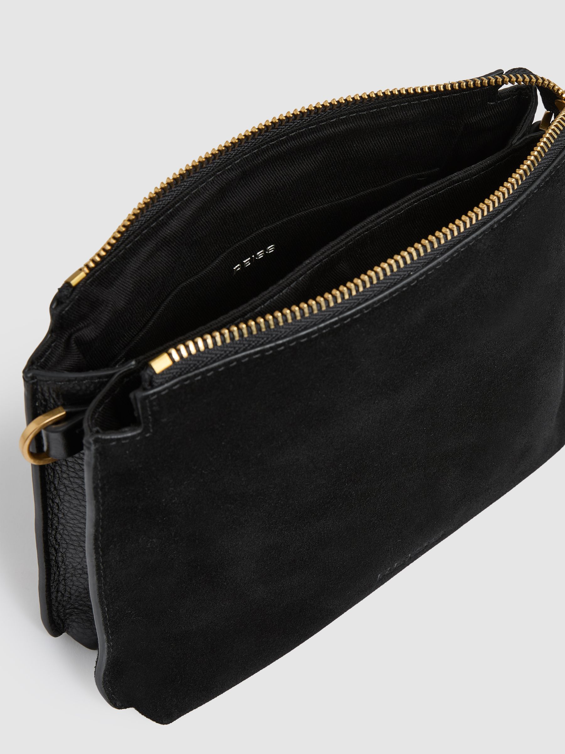 Reiss Leather And Suede Crossbody Bag in Black - REISS