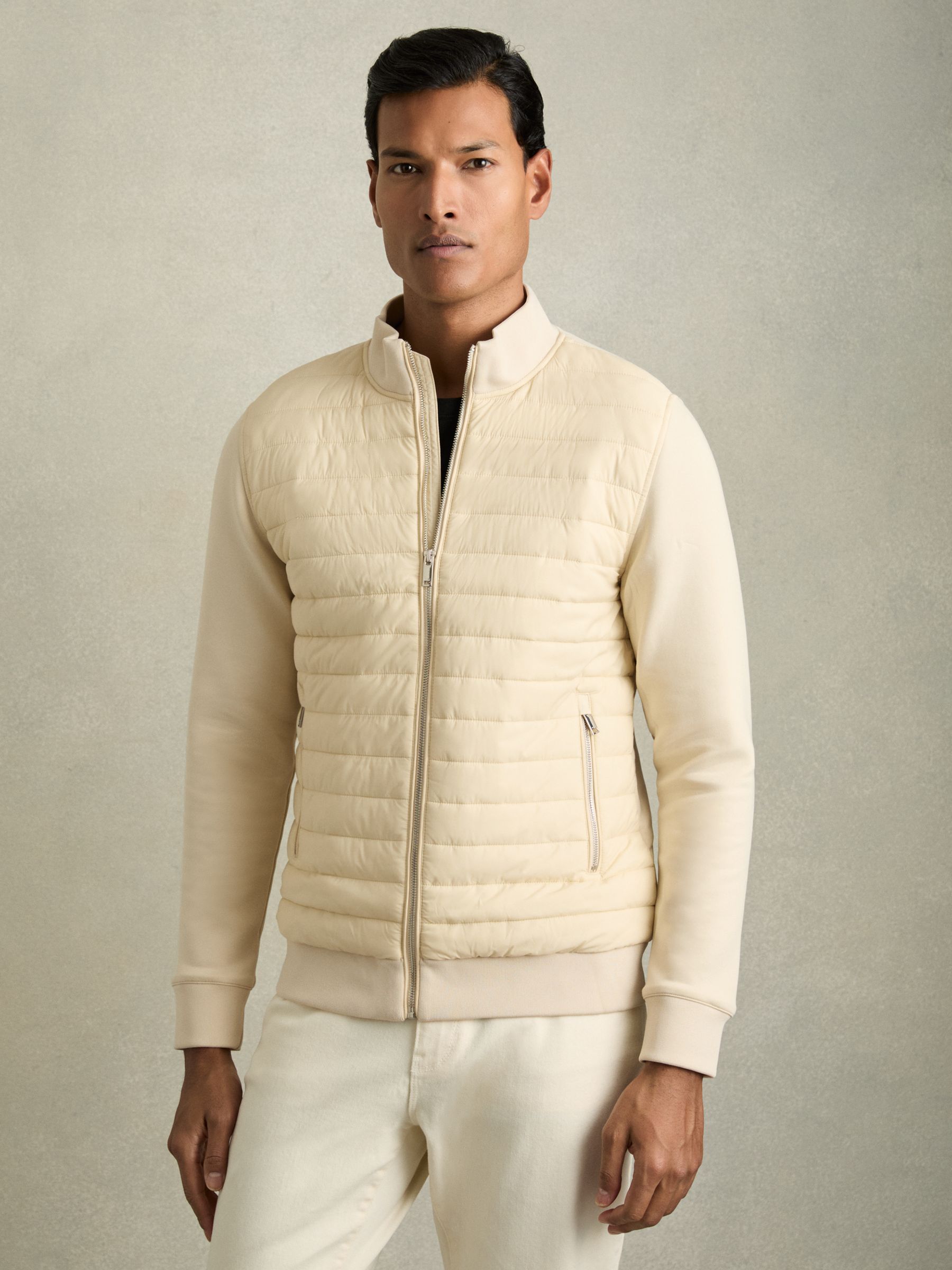 Reiss Hybrid Quilt and Knit Zip-Through Jacket in Light Stone | REISS