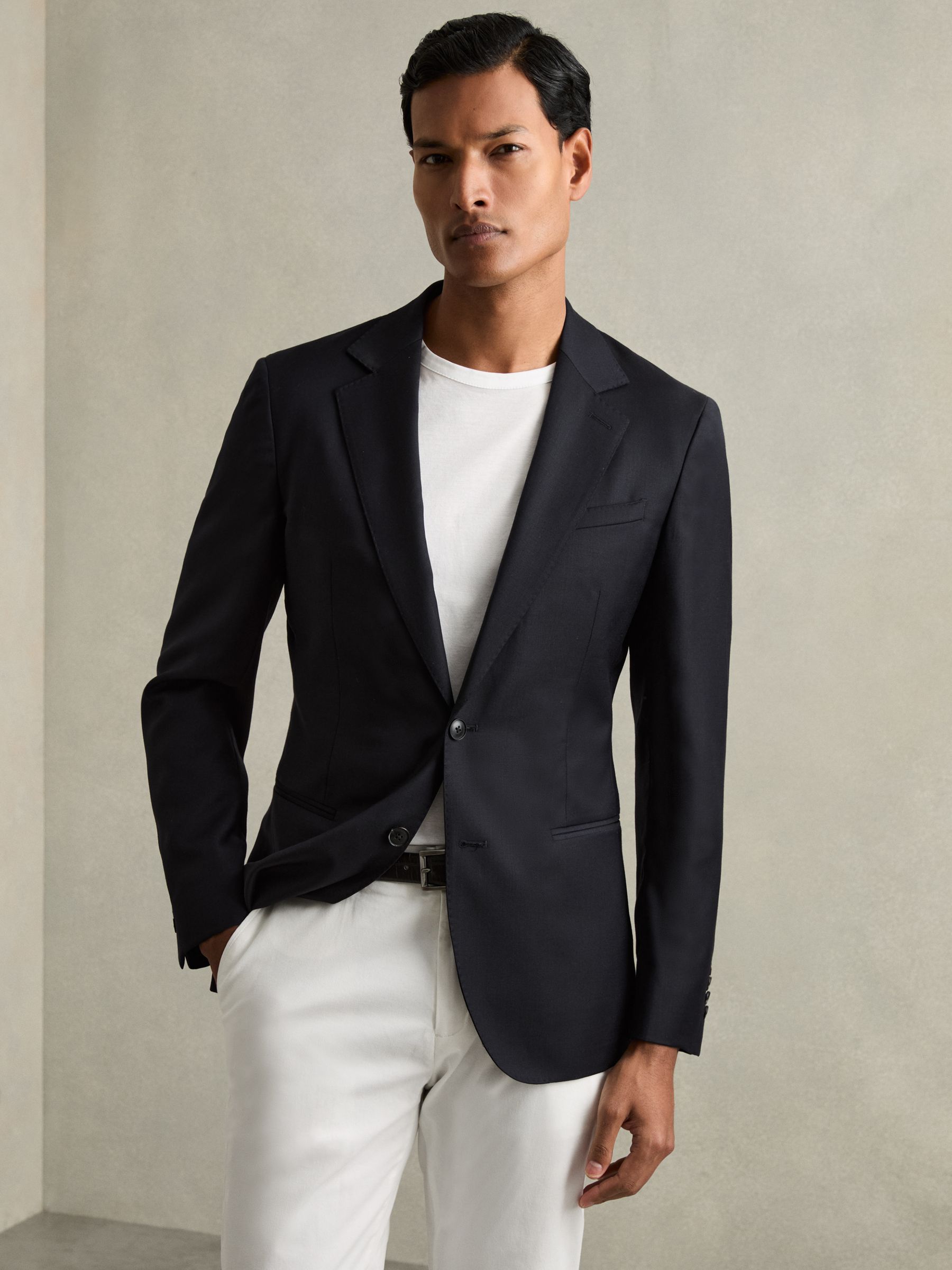 Reiss Single Breasted Wool Suit Jacket Slim-Fit in Navy - REISS