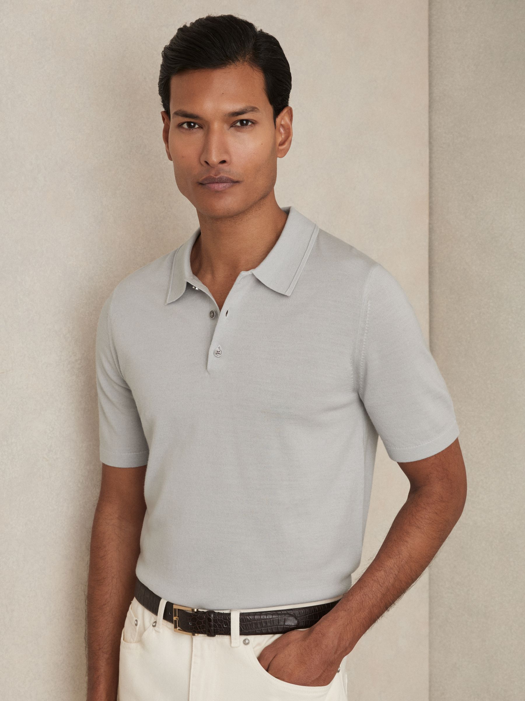 Reiss Merino Wool Short-Sleeve Polo Shirt in Iced Blue - REISS