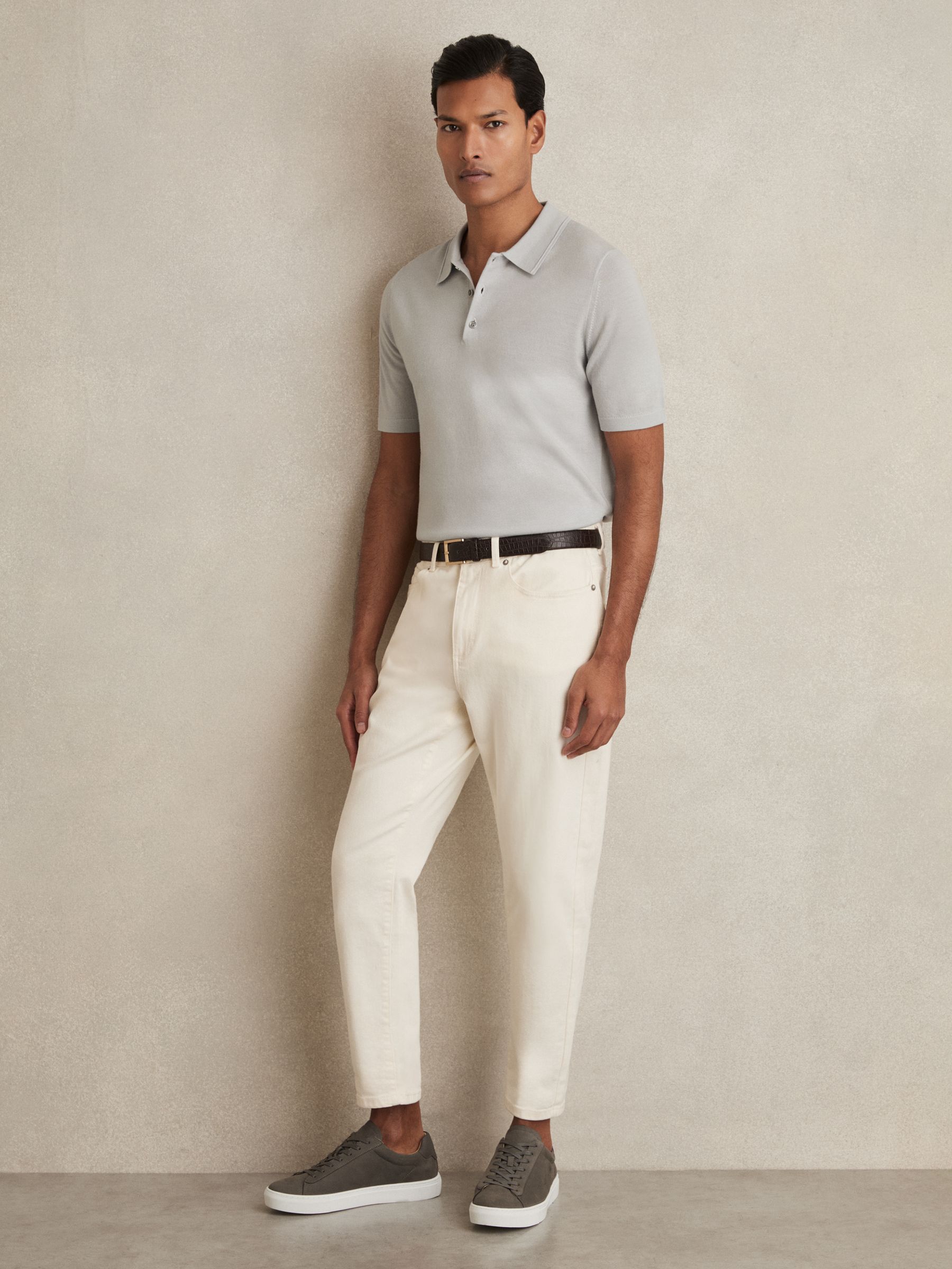 Reiss Merino Wool Short-Sleeve Polo Shirt in Iced Blue - REISS