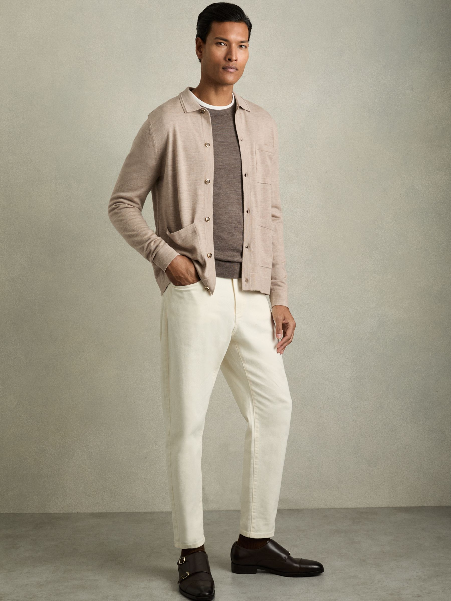 Reiss Merino Wool Button-Through Cardigan in Wheat Melange - REISS