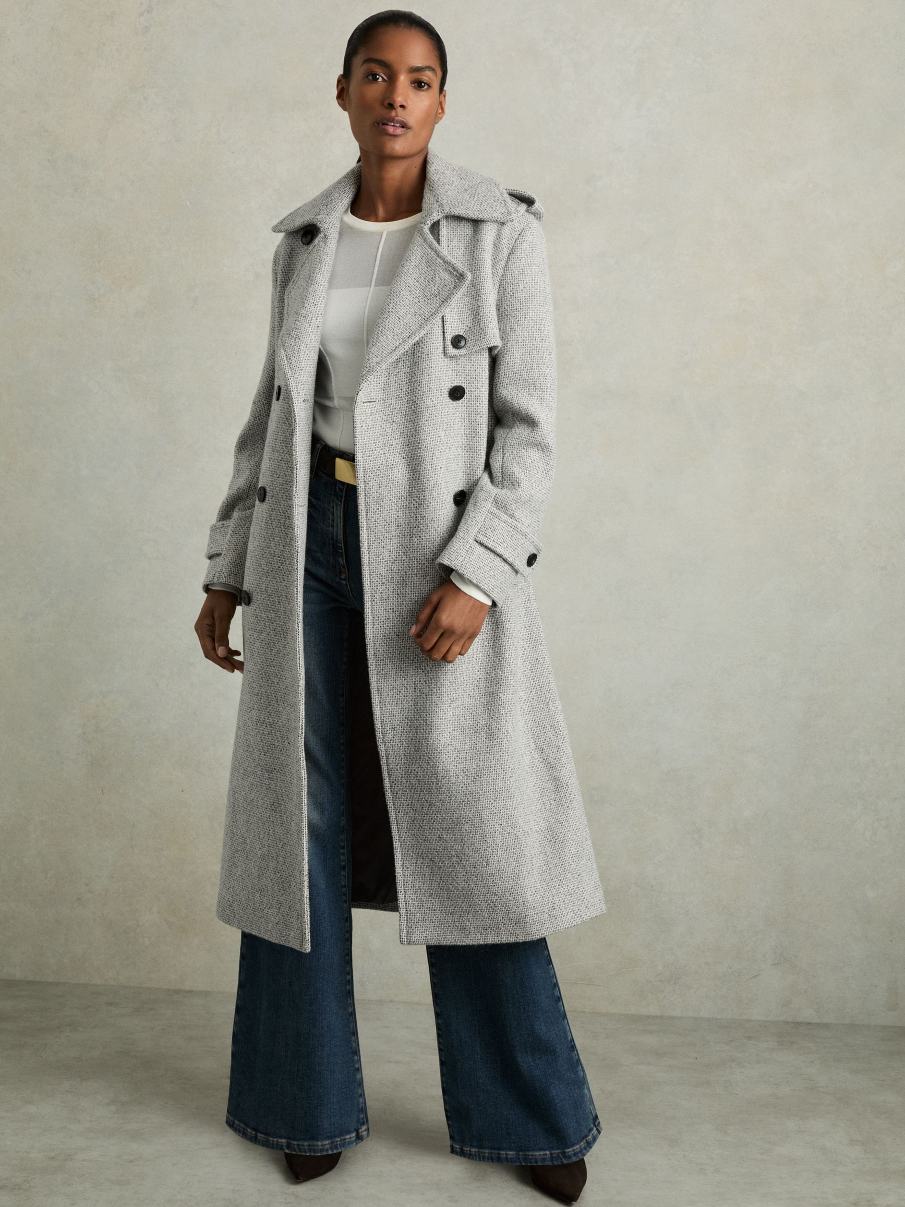 Reiss Petite Wool-Blend Double-Breasted Check Trench Coat in Black ...