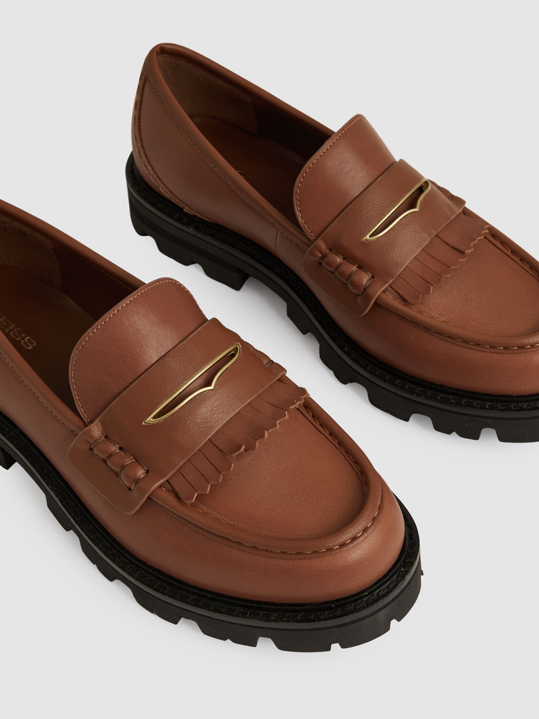 Reiss Leather Fringed Chunky Penny Loafers in Tan | REISS
