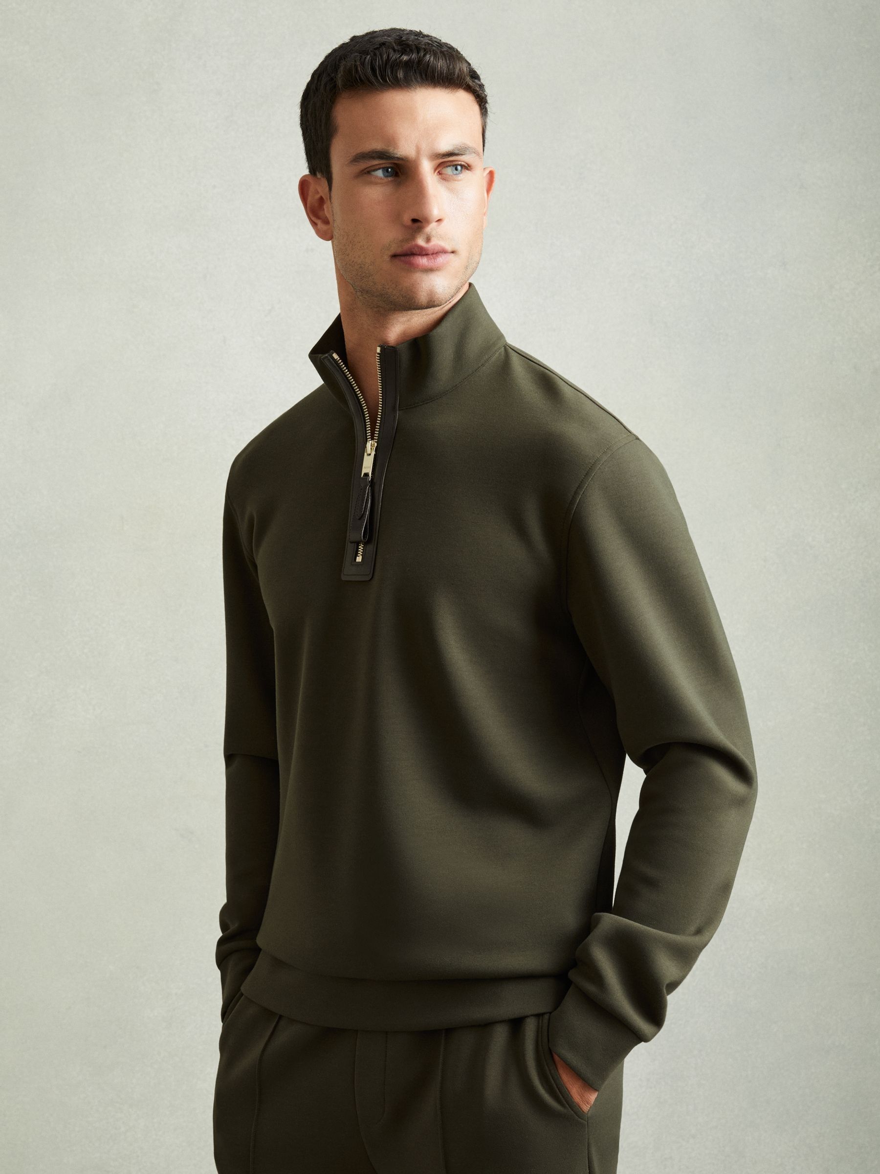 Reiss Leather-Placket Interlock-Jersey Sweatshirt in Forest Green - REISS