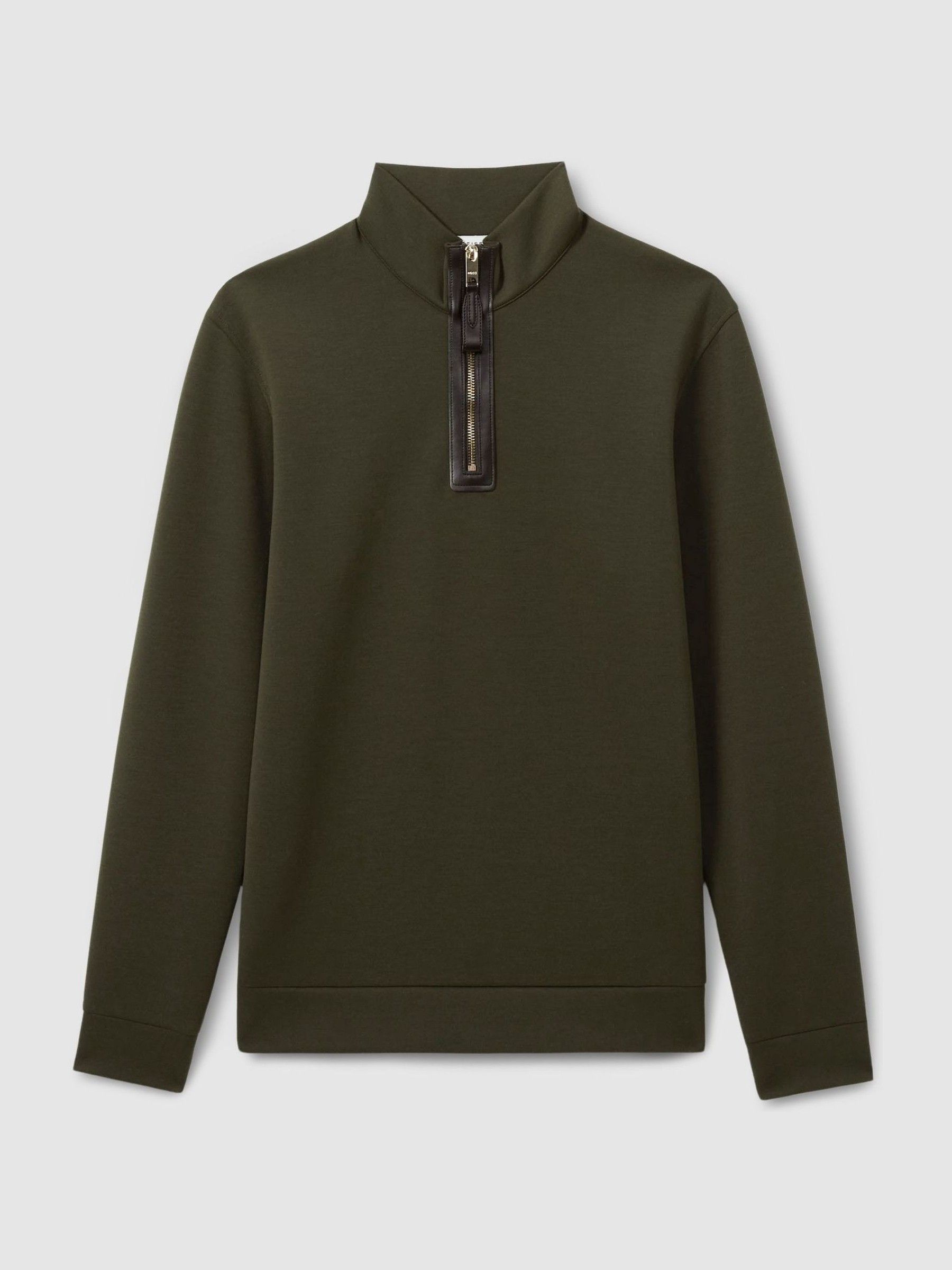 Reiss Leather-Placket Interlock-Jersey Sweatshirt in Forest Green | REISS