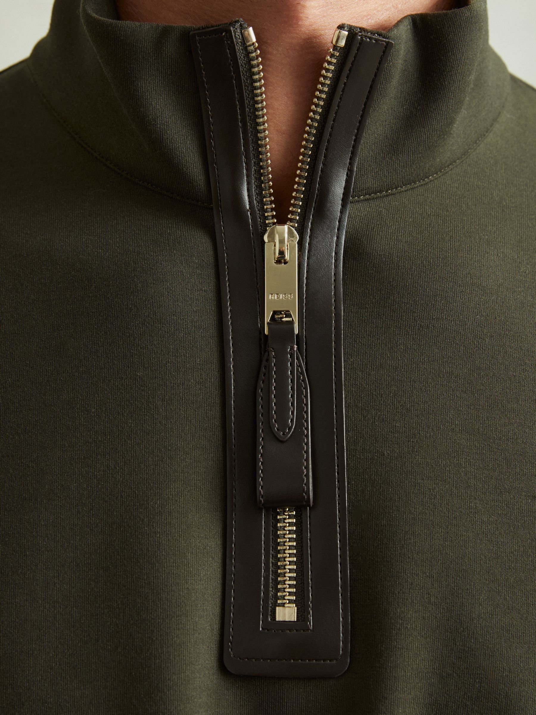 Reiss Leather-Placket Interlock-Jersey Sweatshirt in Forest Green - REISS