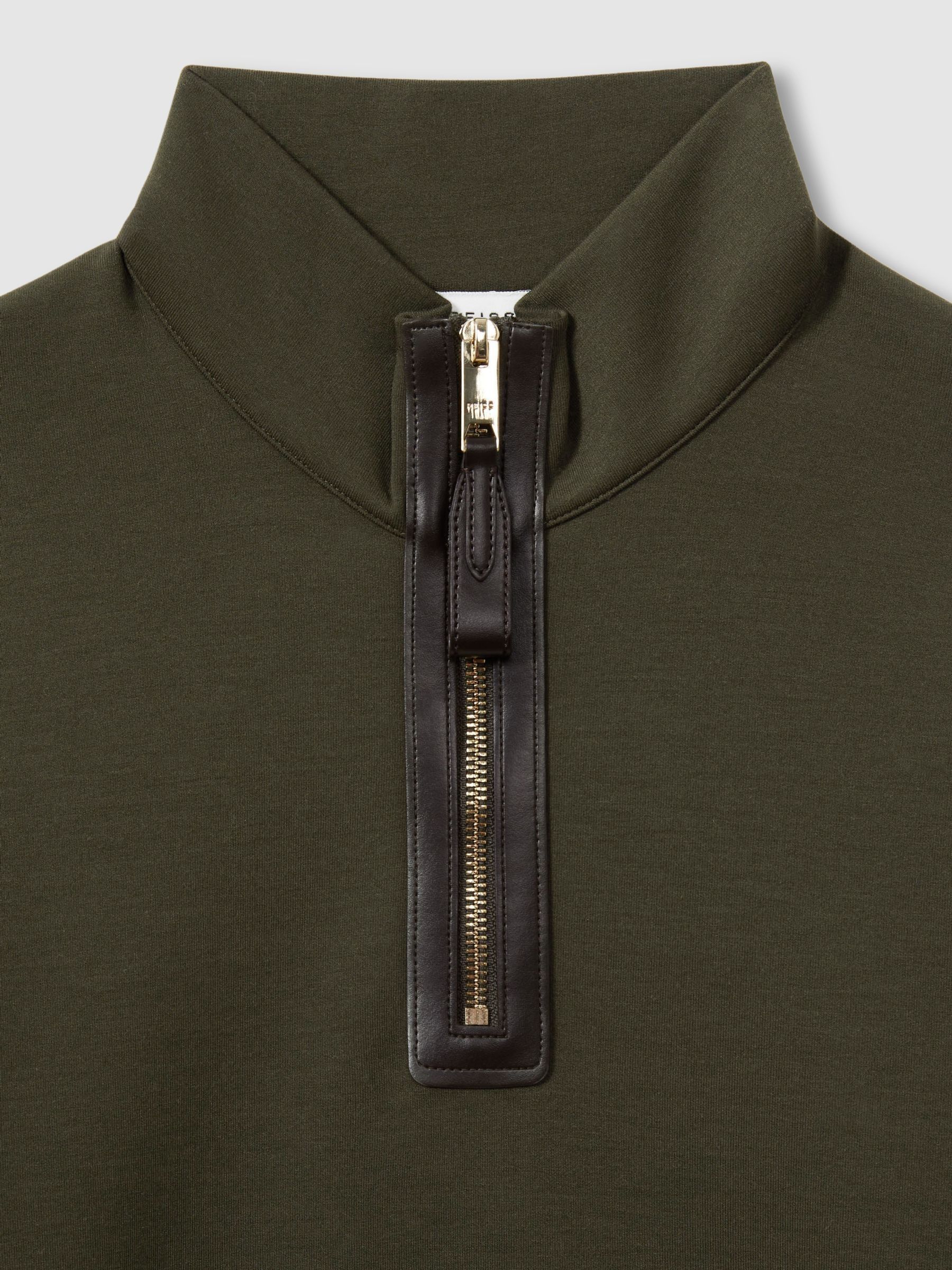 Reiss Leather-Placket Interlock-Jersey Sweatshirt in Forest Green - REISS