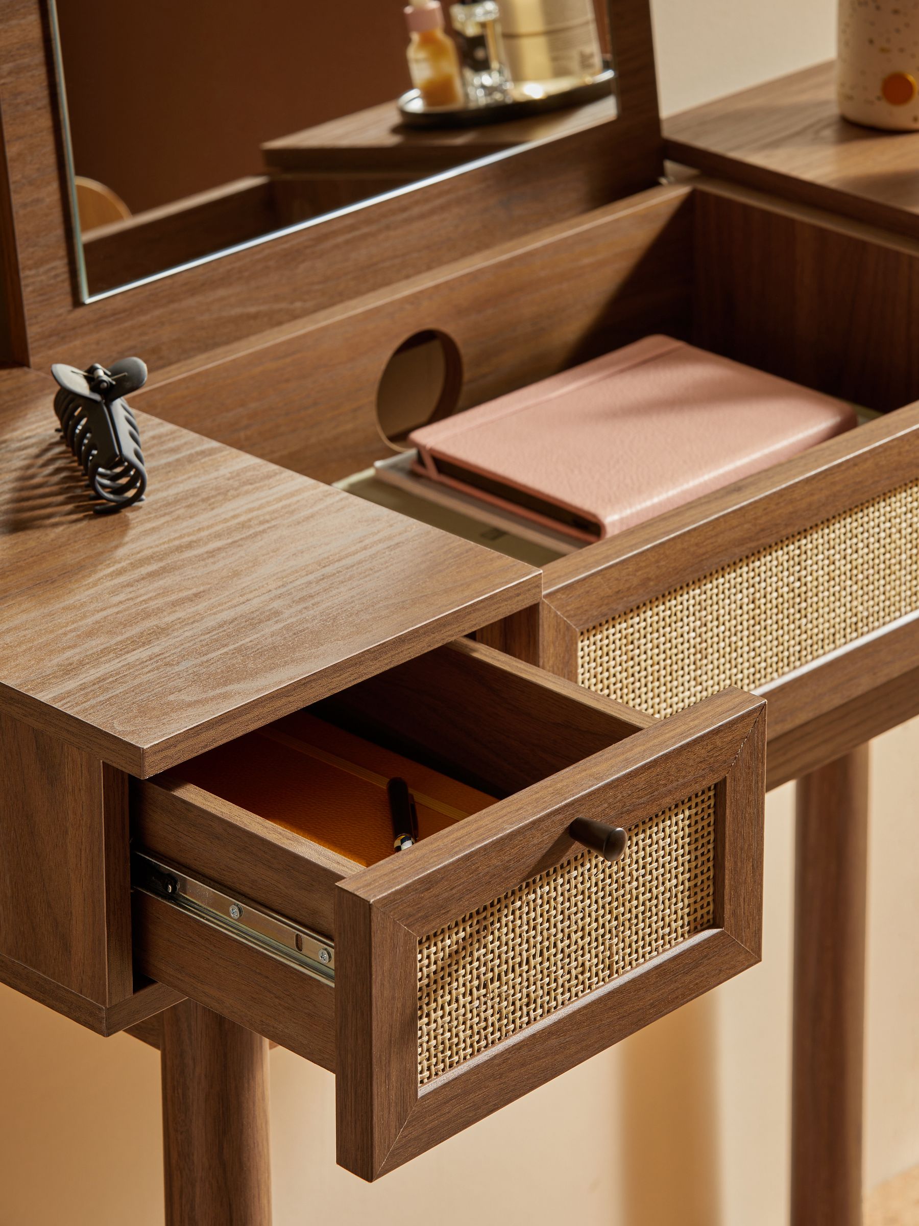 Pavia Rattan Console Dressing Table in Dark Oak Effect | Made