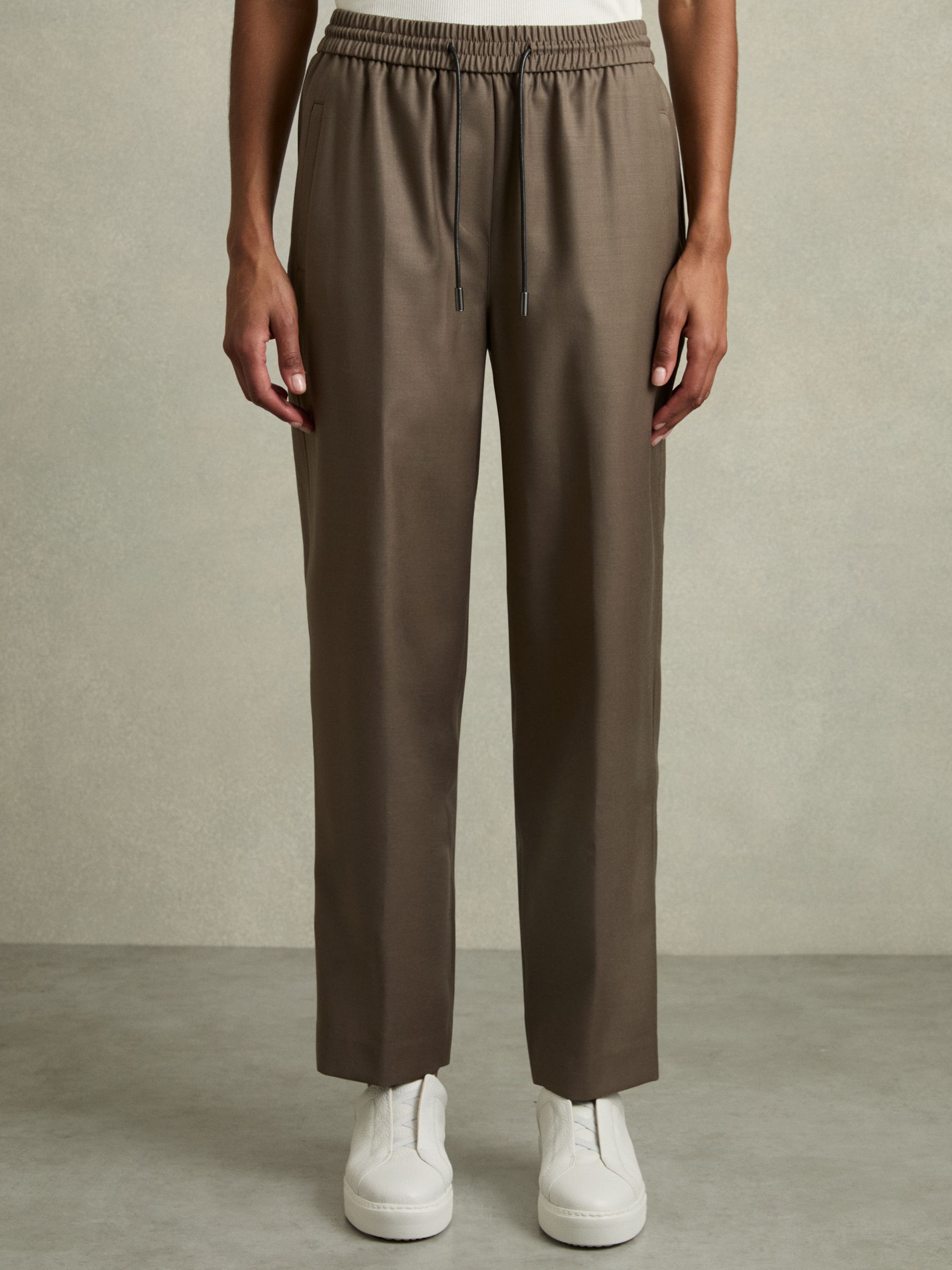Reiss Wool-Blend Drawstring-Waist Tapered Trousers in Mink Neutral - REISS
