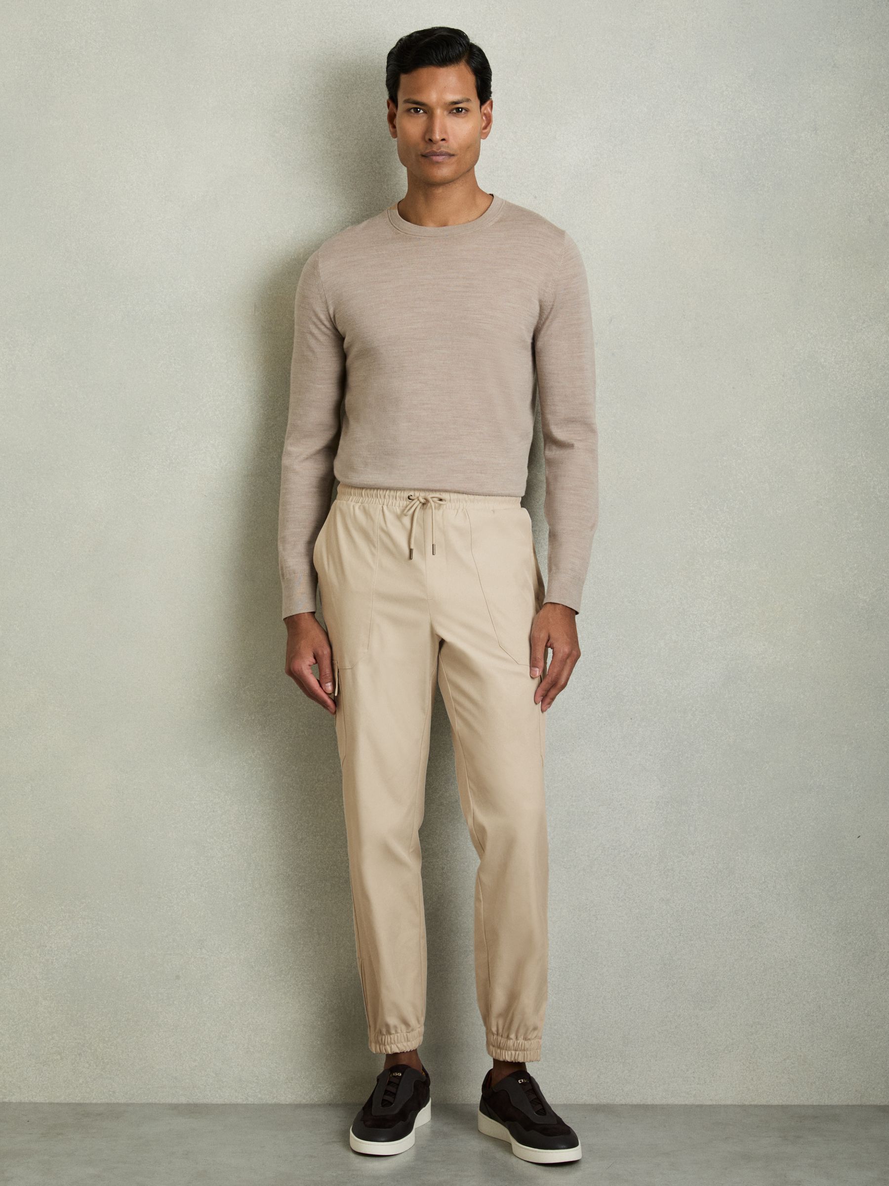 Reiss Technical Cargo Drawstring Trousers in Stone - REISS