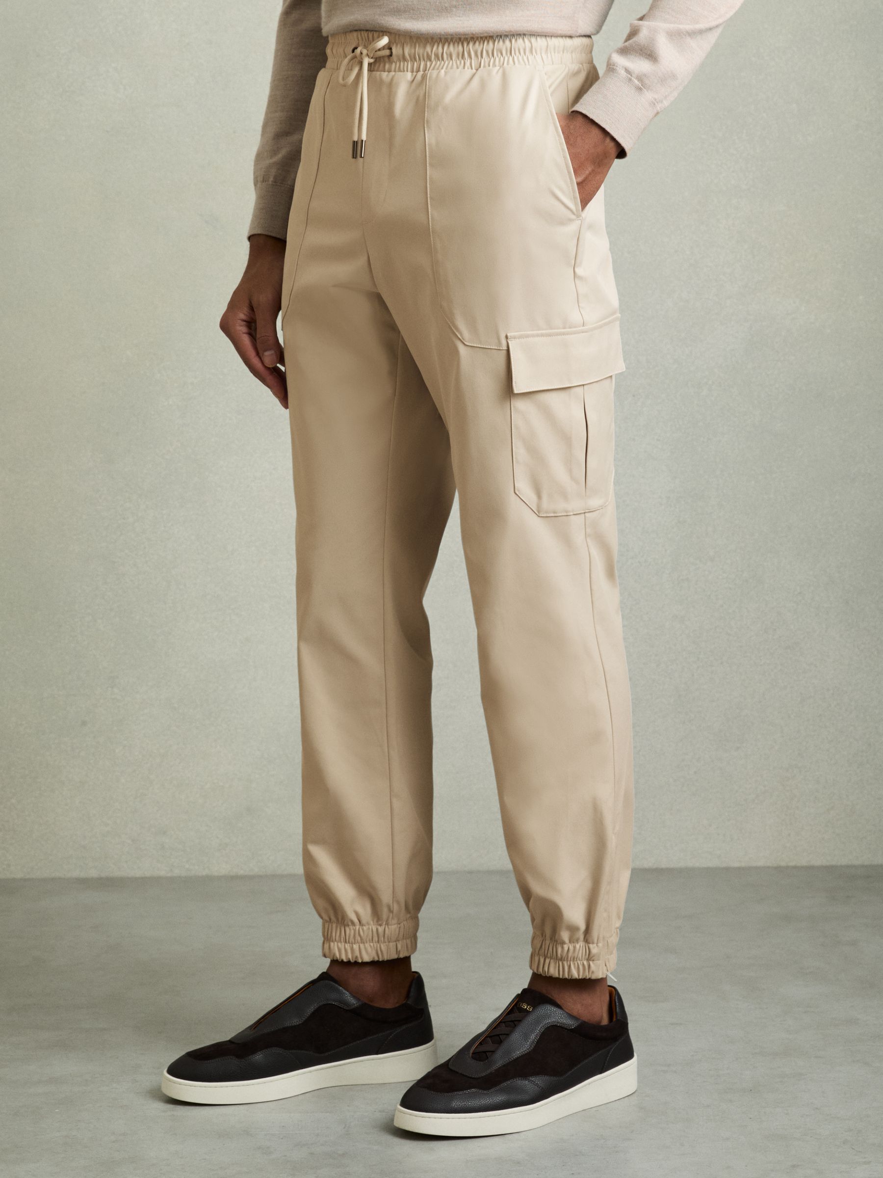Reiss Technical Cargo Drawstring Trousers in Stone - REISS