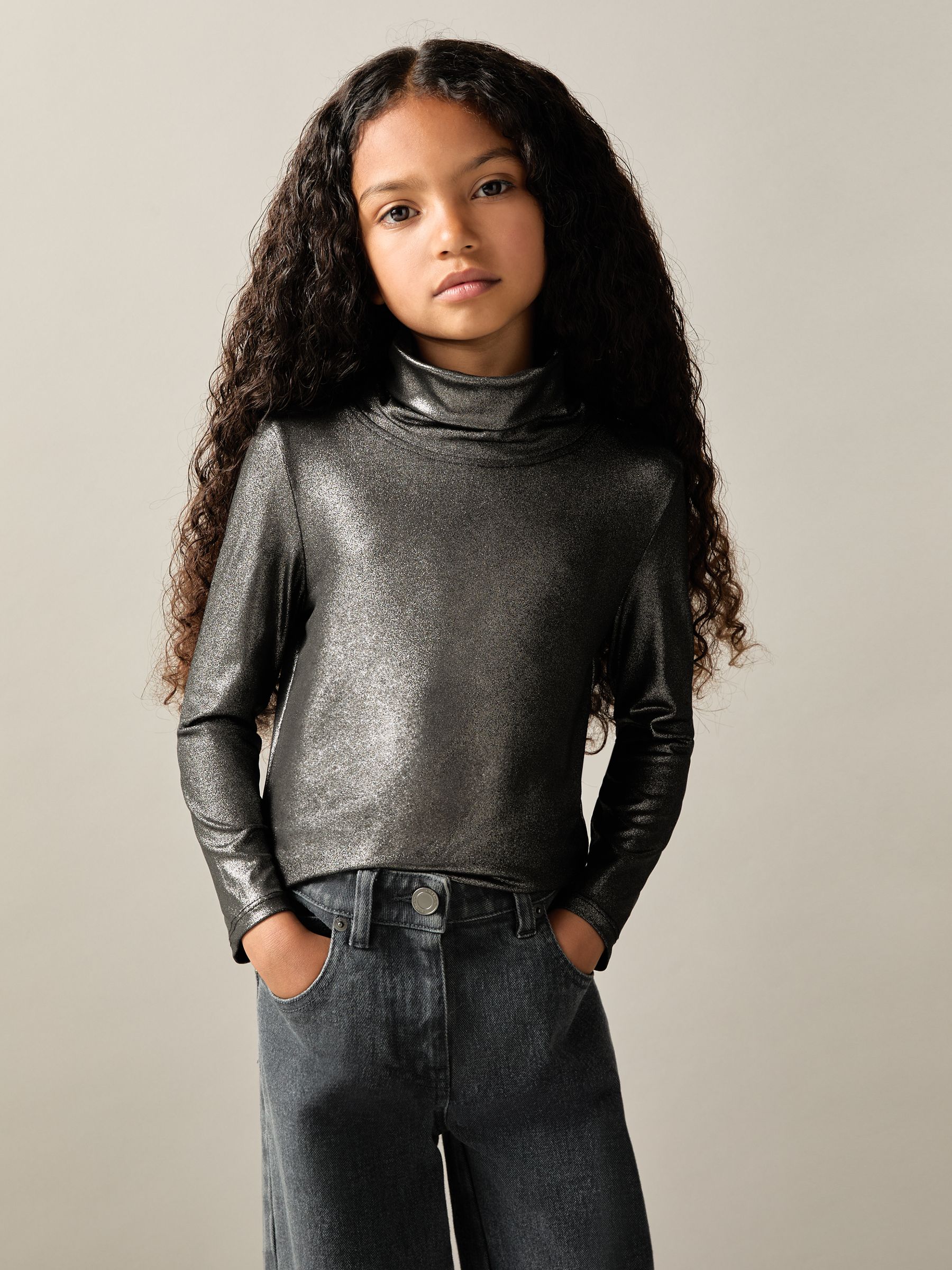 Reiss 4-9 yrs Metallic-Thread Roll-Neck Top in Silver - REISS