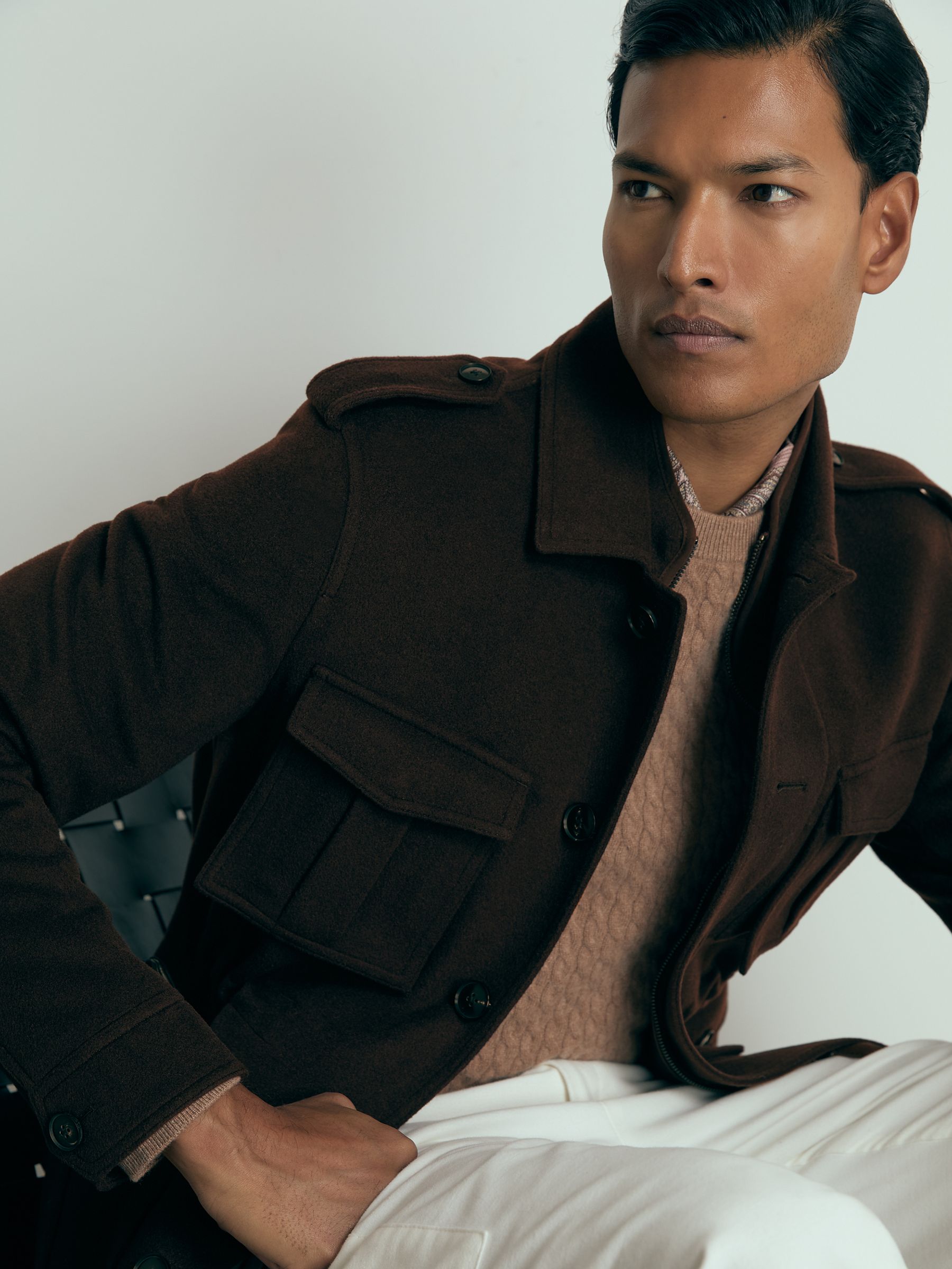 Reiss Atelier Felted-Cashmere Field Jacket in Chocolate Brown | REISS