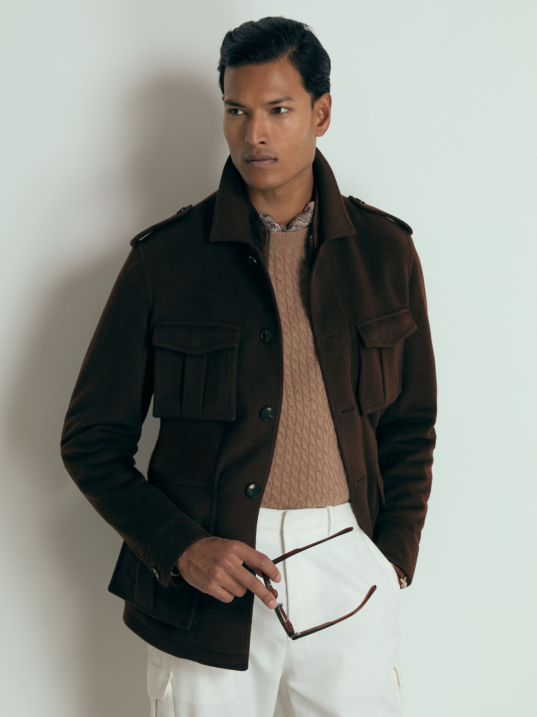 Reiss Atelier Felted-Cashmere Field Jacket in Chocolate Brown | REISS