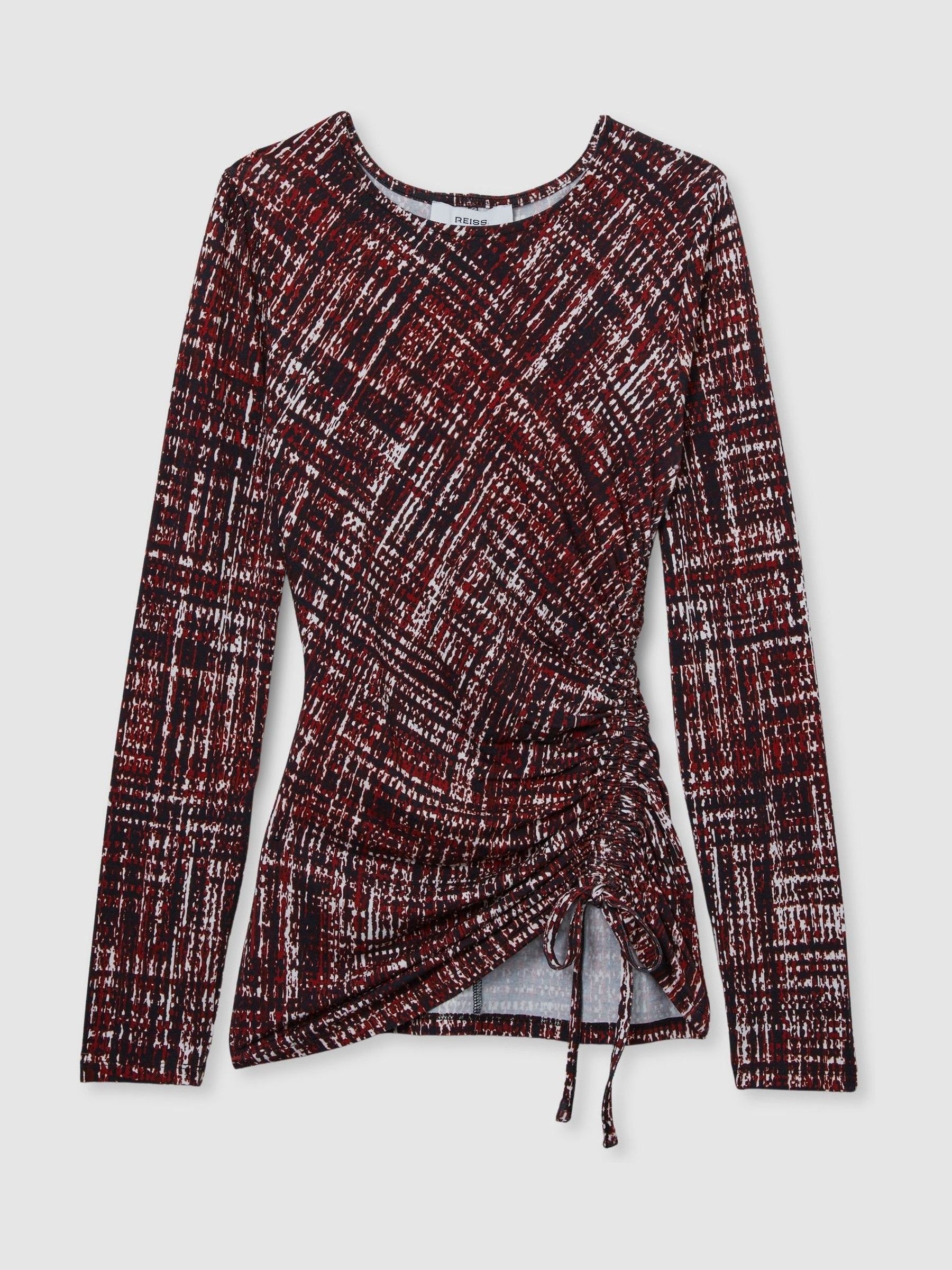 Reiss Abstract-Print Ruched-Jersey Top in Red | REISS