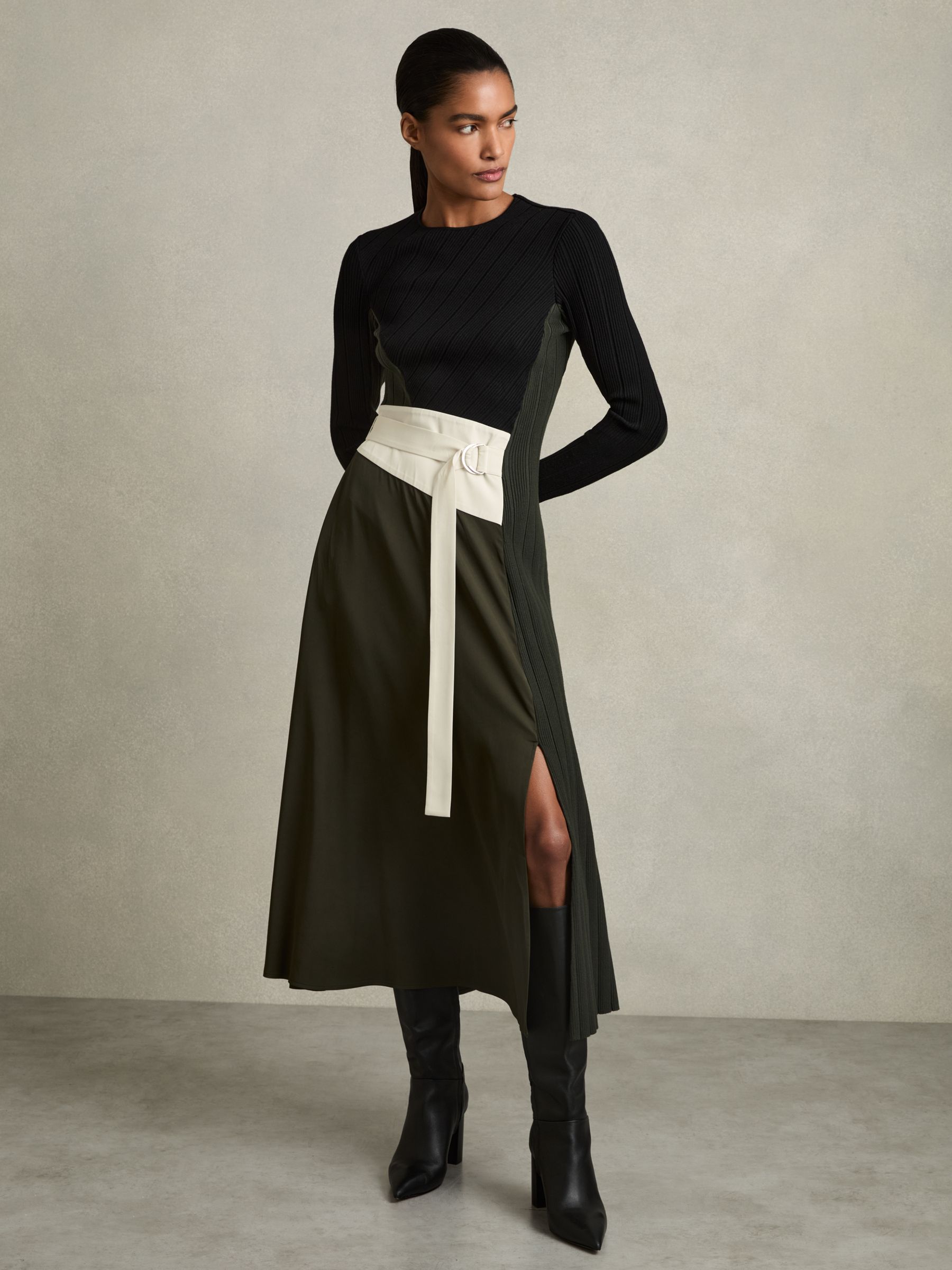 Reiss Rib-Knit Panelled Belted Midi Dress in Khaki/Black - REISS