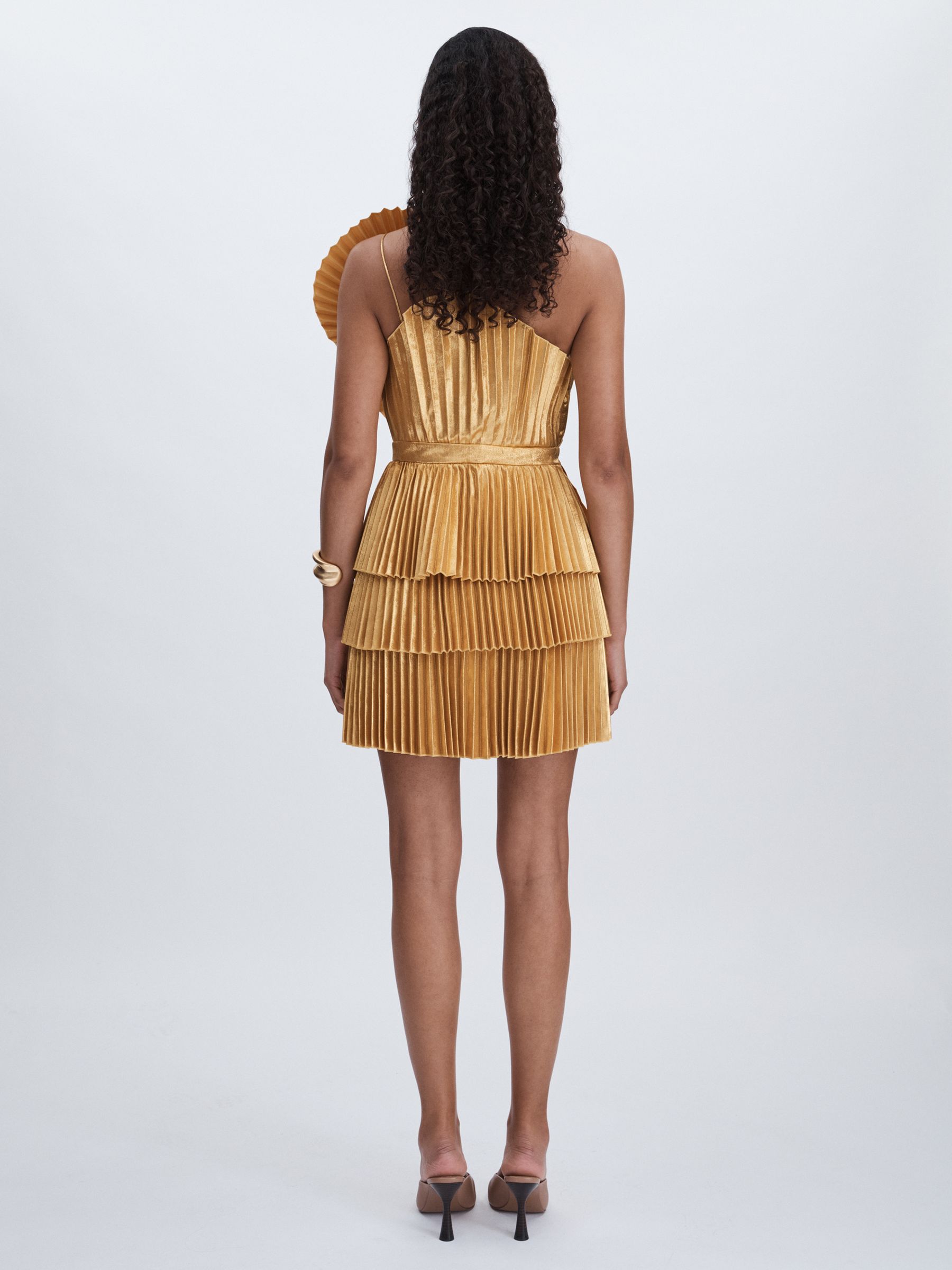 Reiss Acler Pleated Fan Metallic Mini Dress in Gold - REISS