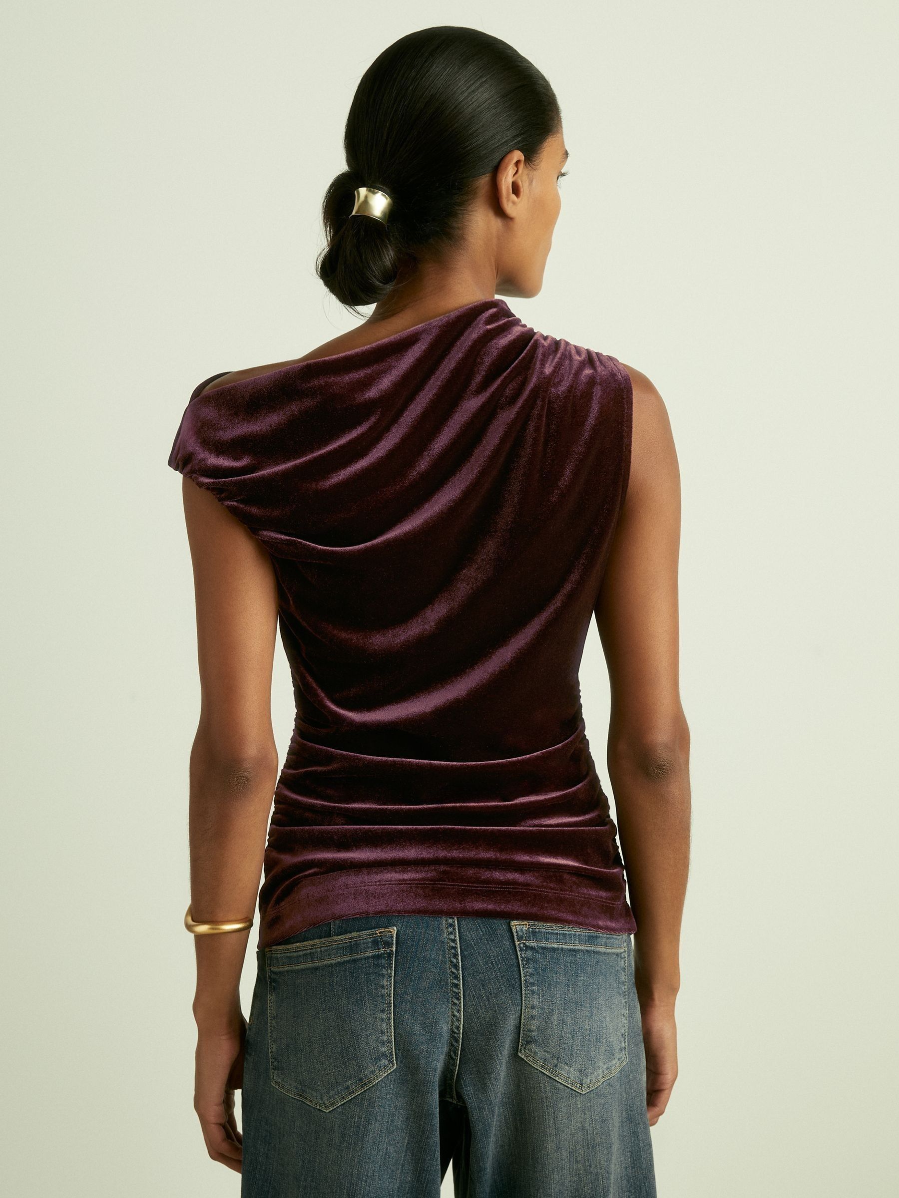 Reiss Velvet Drape Off-Shoulder Top in Berry - REISS