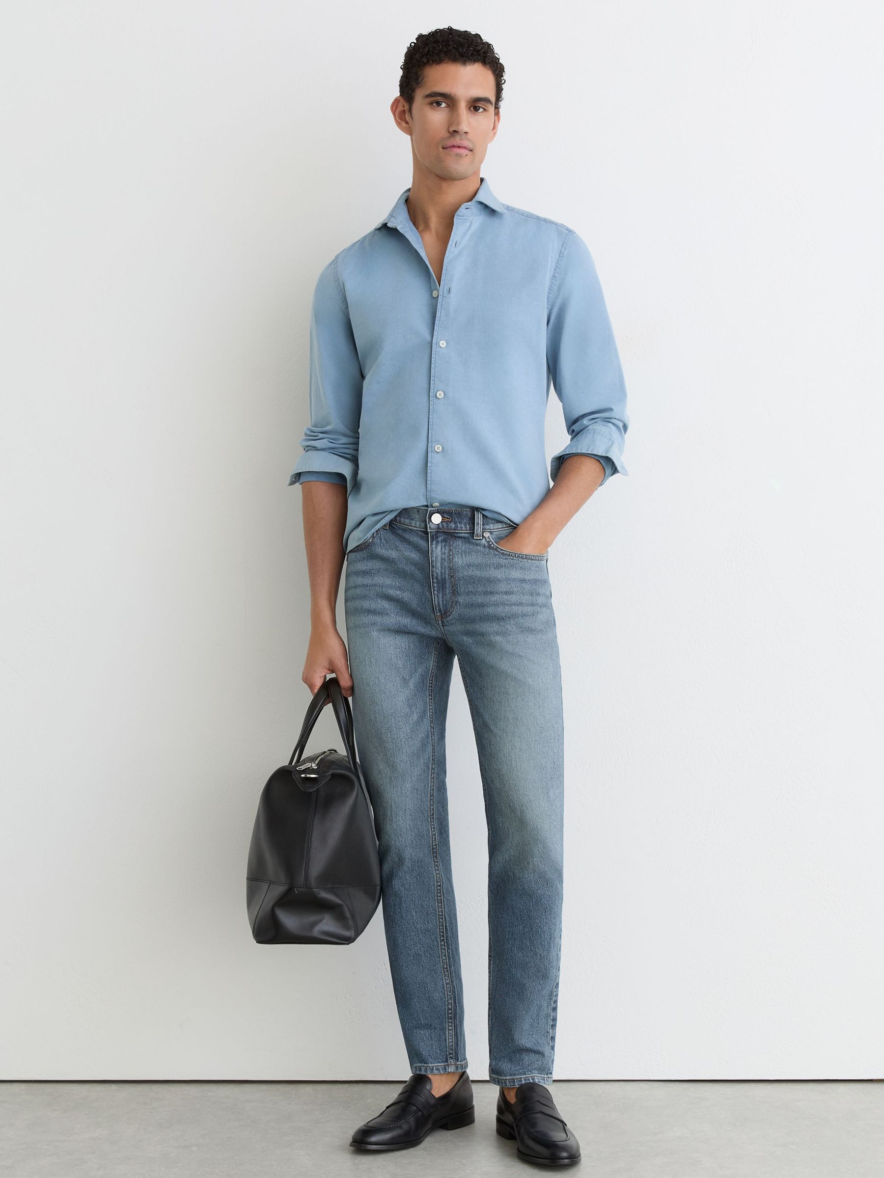 Reiss Cotton-Stretch Slim-Fit Jeans in Washed Indigo Green Cast - REISS