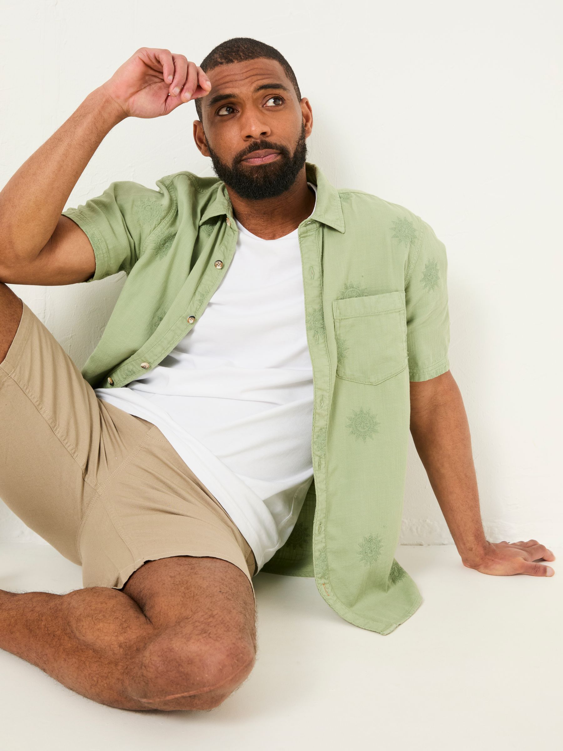 Green Short Sleeve Sun Embroidered Shirt | FatFace