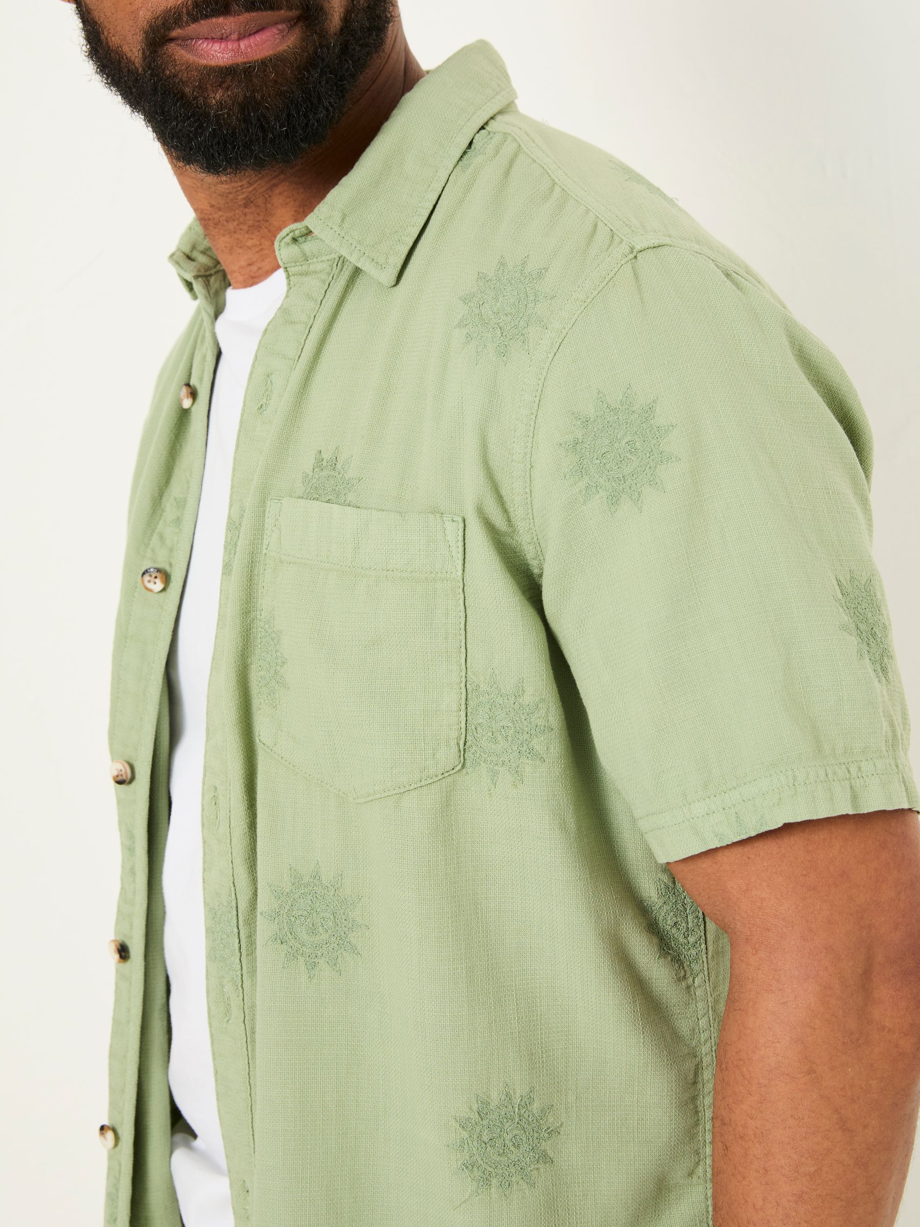 Green Short Sleeve Sun Embroidered Shirt | FatFace