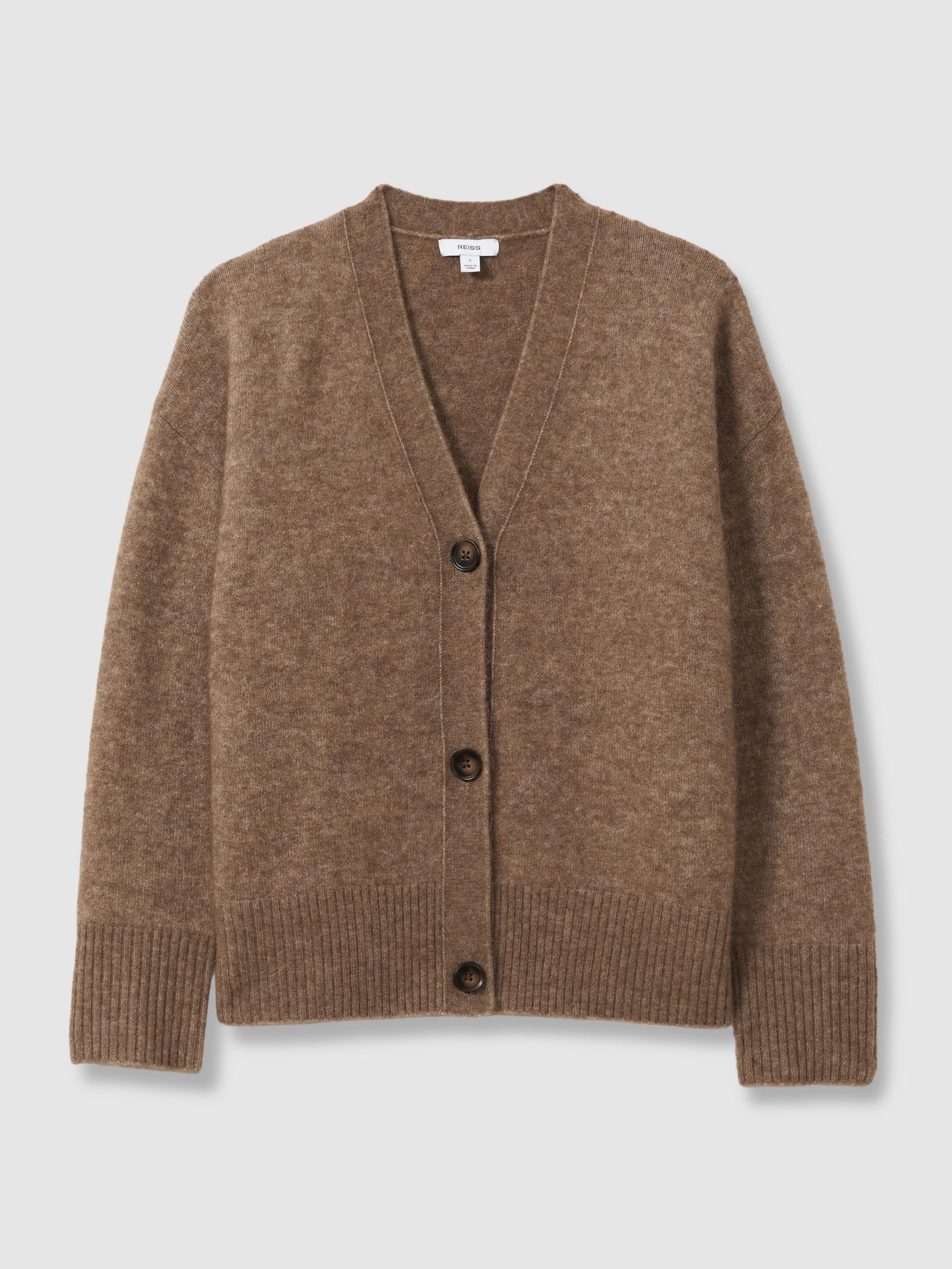 Reiss Wool-Blend Brushed Cardigan in Mink | REISS