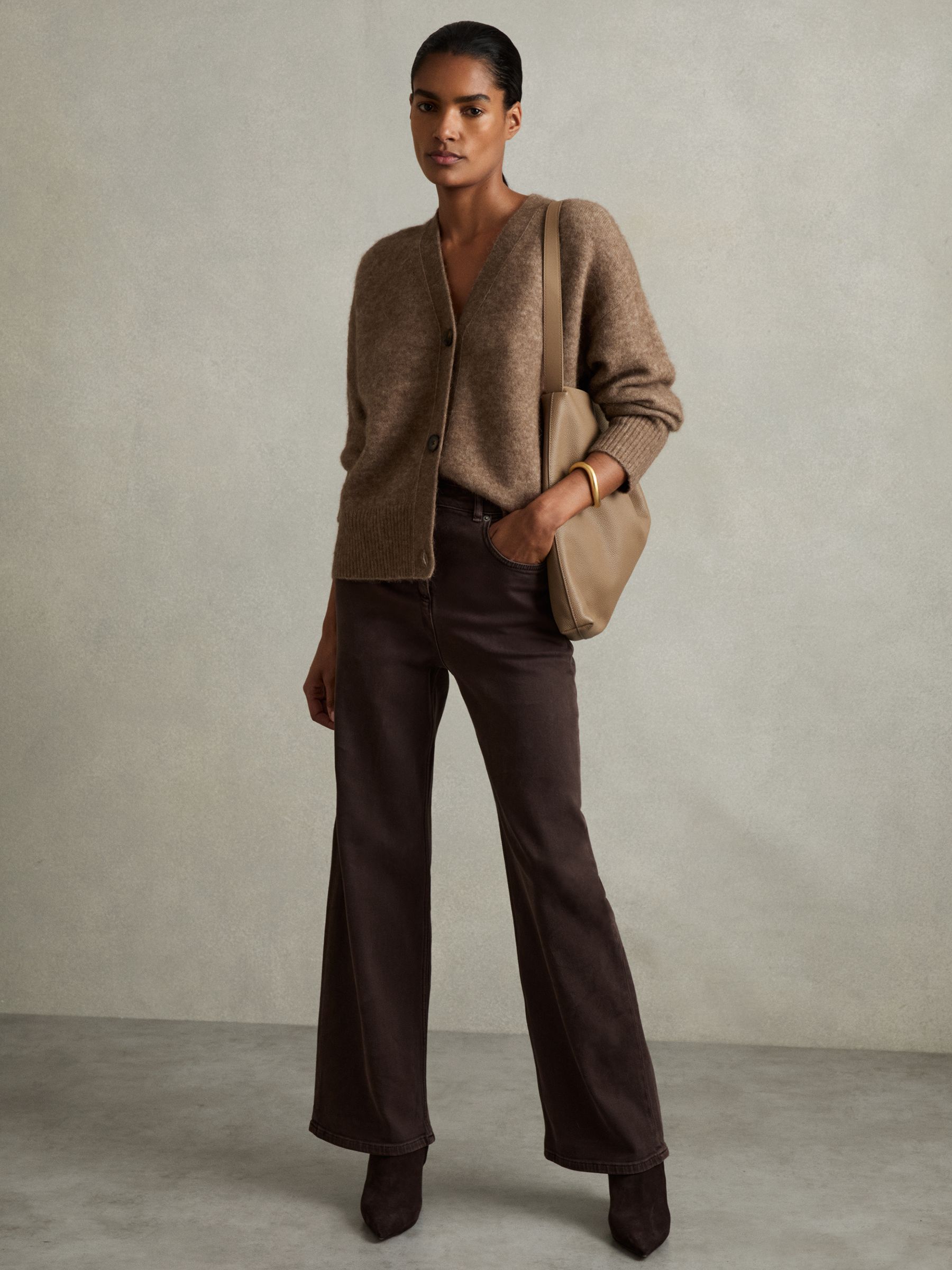 Reiss Wool-Blend Brushed Cardigan in Mink - REISS