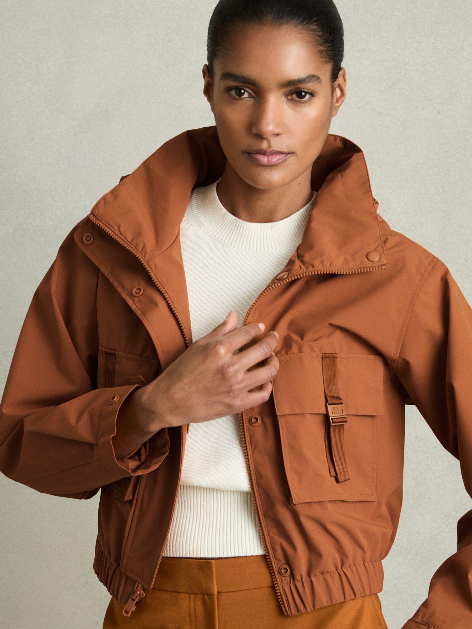 Reiss Technical Hooded Utility Jacket in Rust - REISS