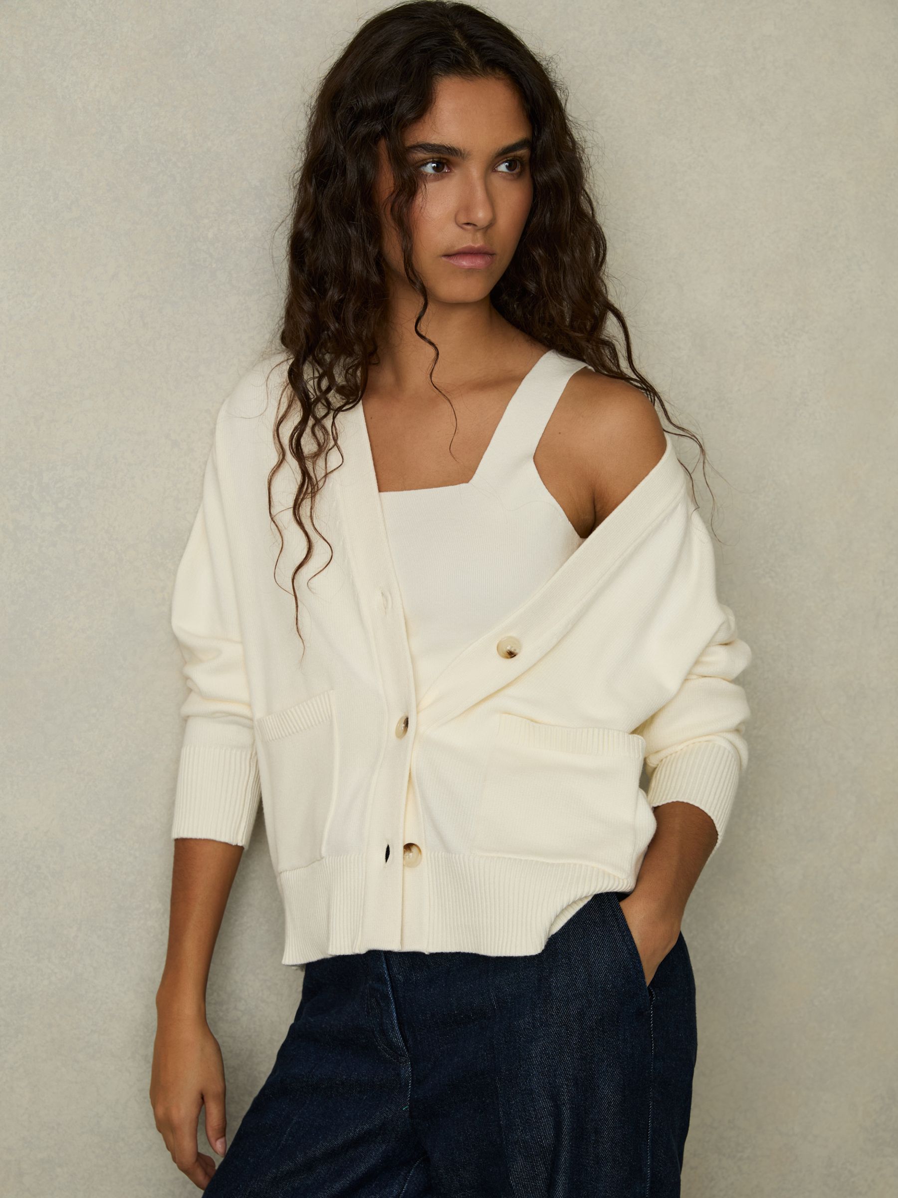 Reiss Chunky Knitted Cardigan in Ivory - REISS