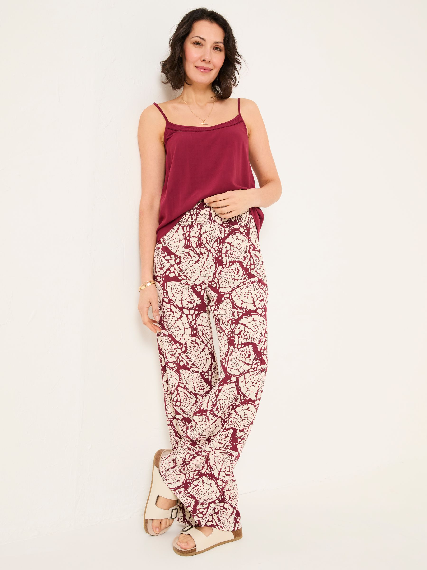 Burgundy Red Mono Shell Shirred Palazzo Trousers | FatFace