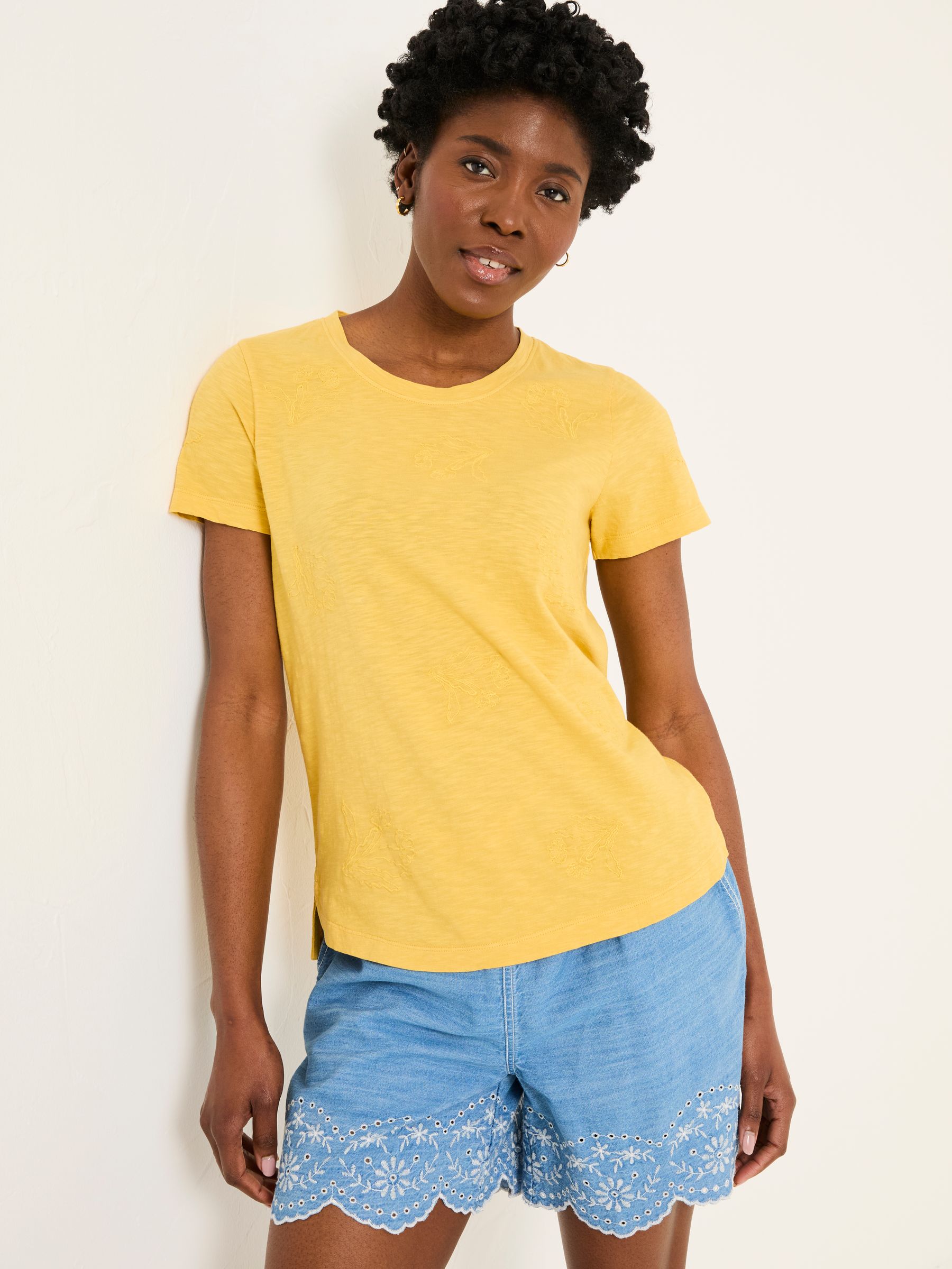 Natalie Light Yellow Beeble Embroidered T Shirt | FatFace