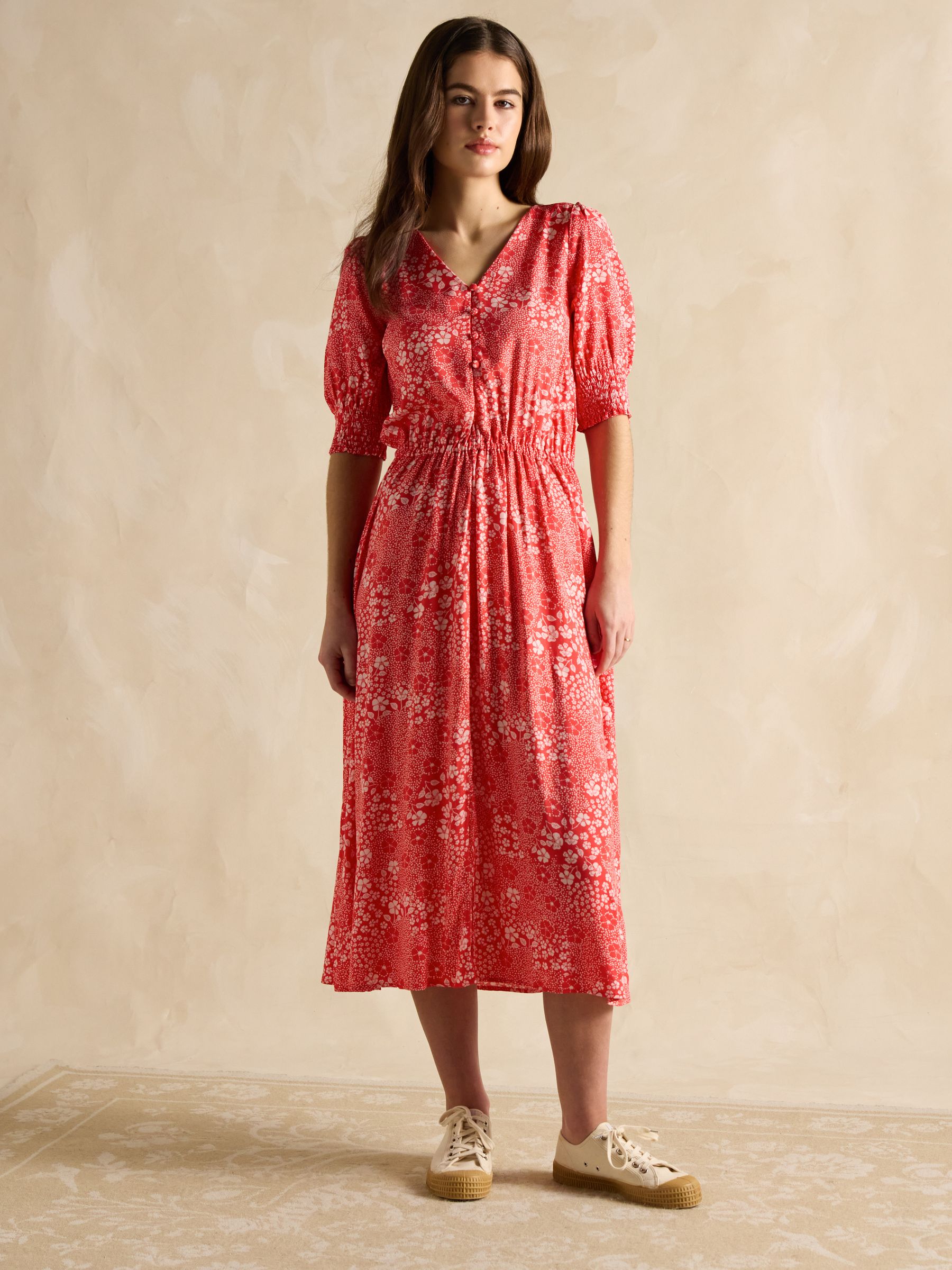 Adele Red V-Neck Elbow Length Sleeve Midi Dress | Joules