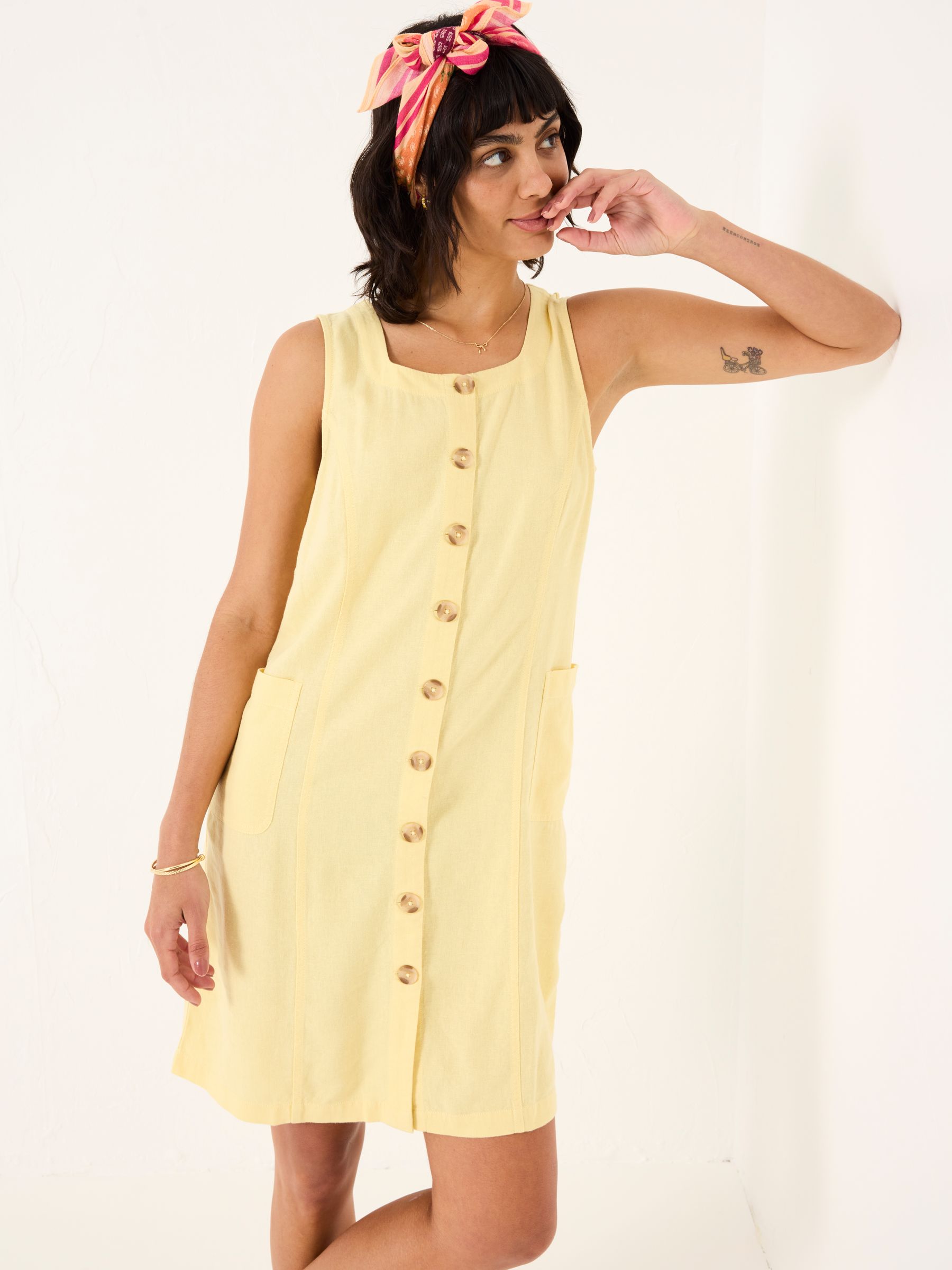Binny Light Yellow Button Linen Dress | FatFace