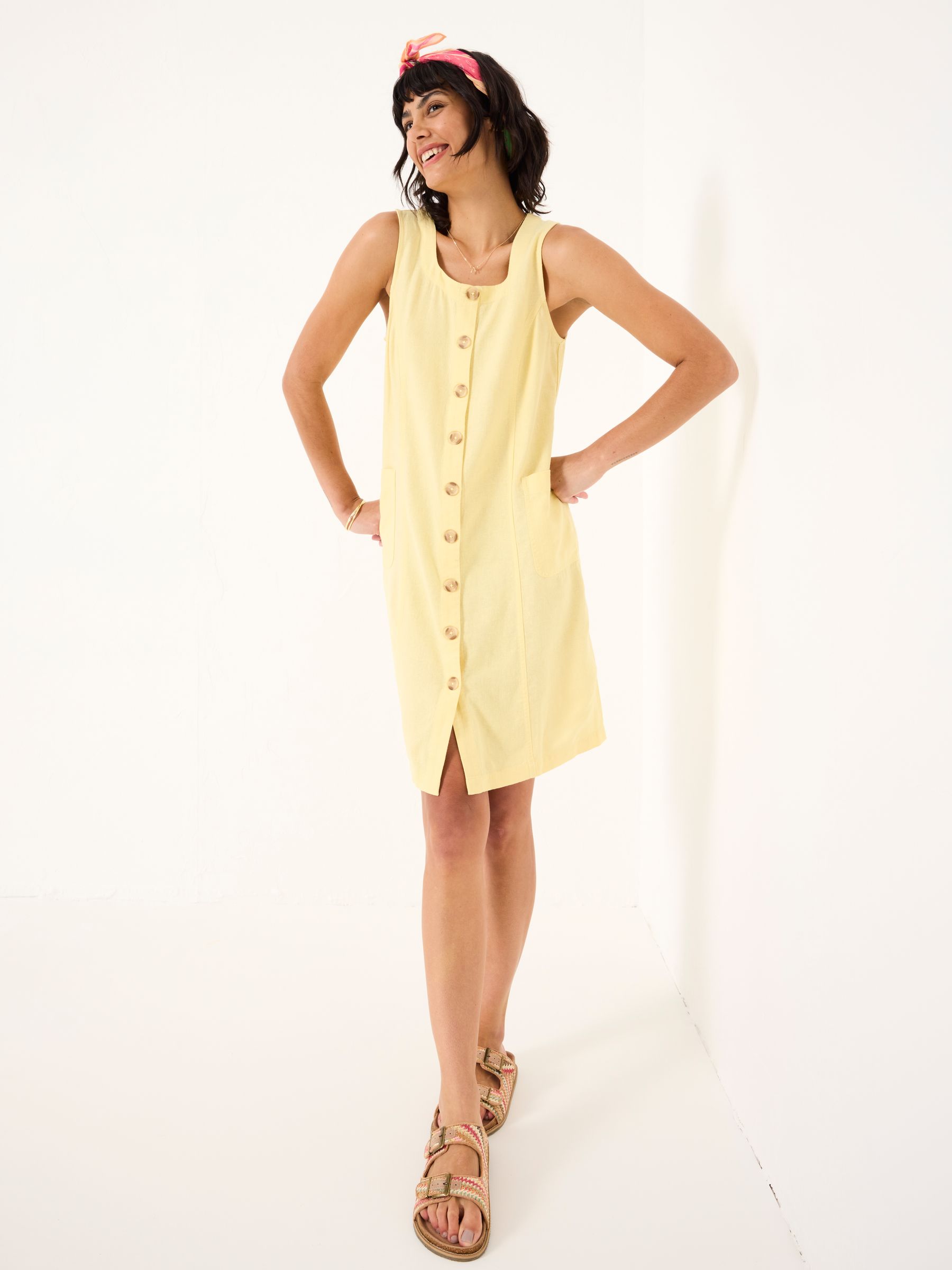Binny Light Yellow Button Linen Dress | FatFace