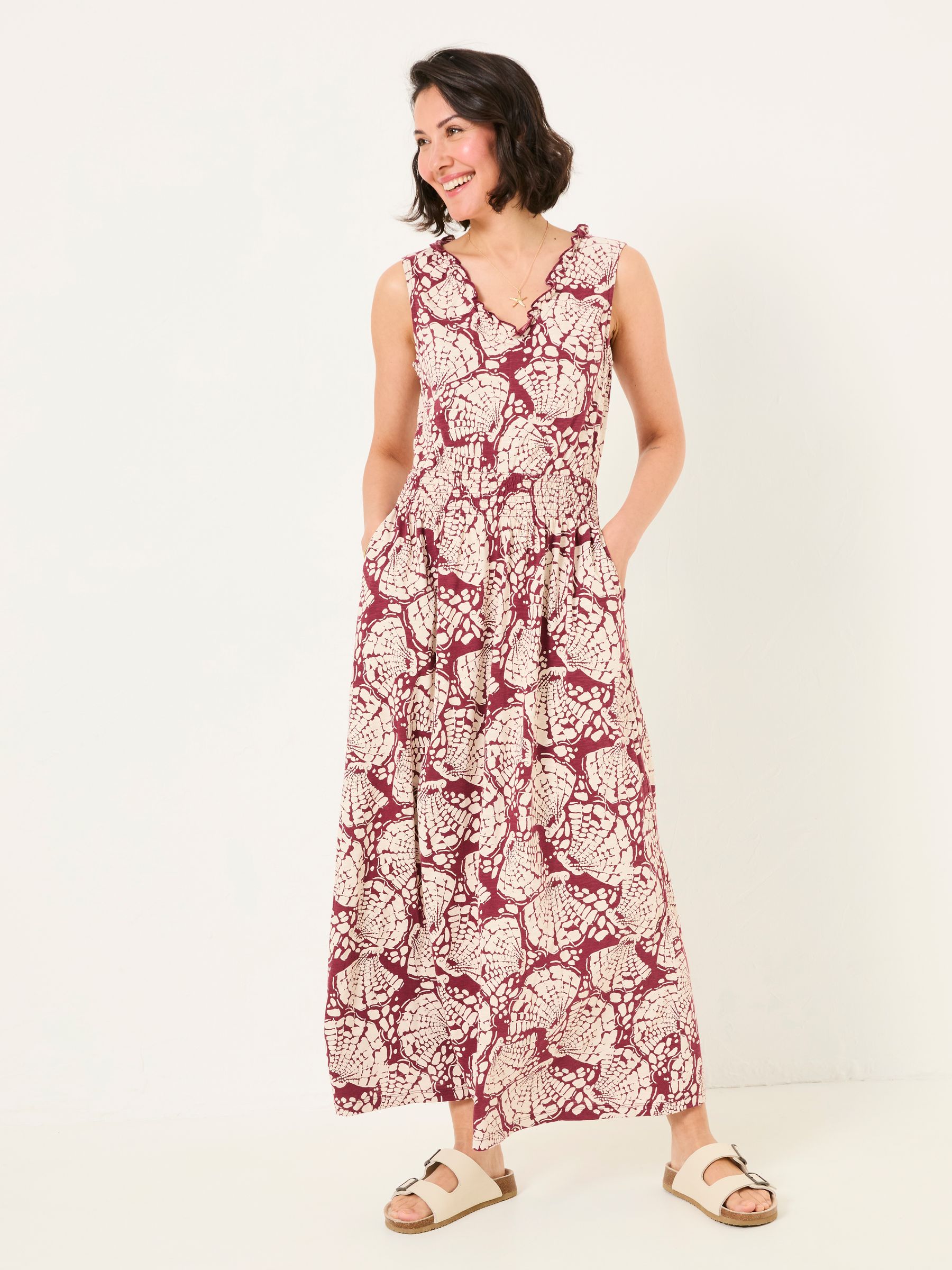 Ellie Burgundy Red Mono Shells Jersey Maxi Dress | FatFace