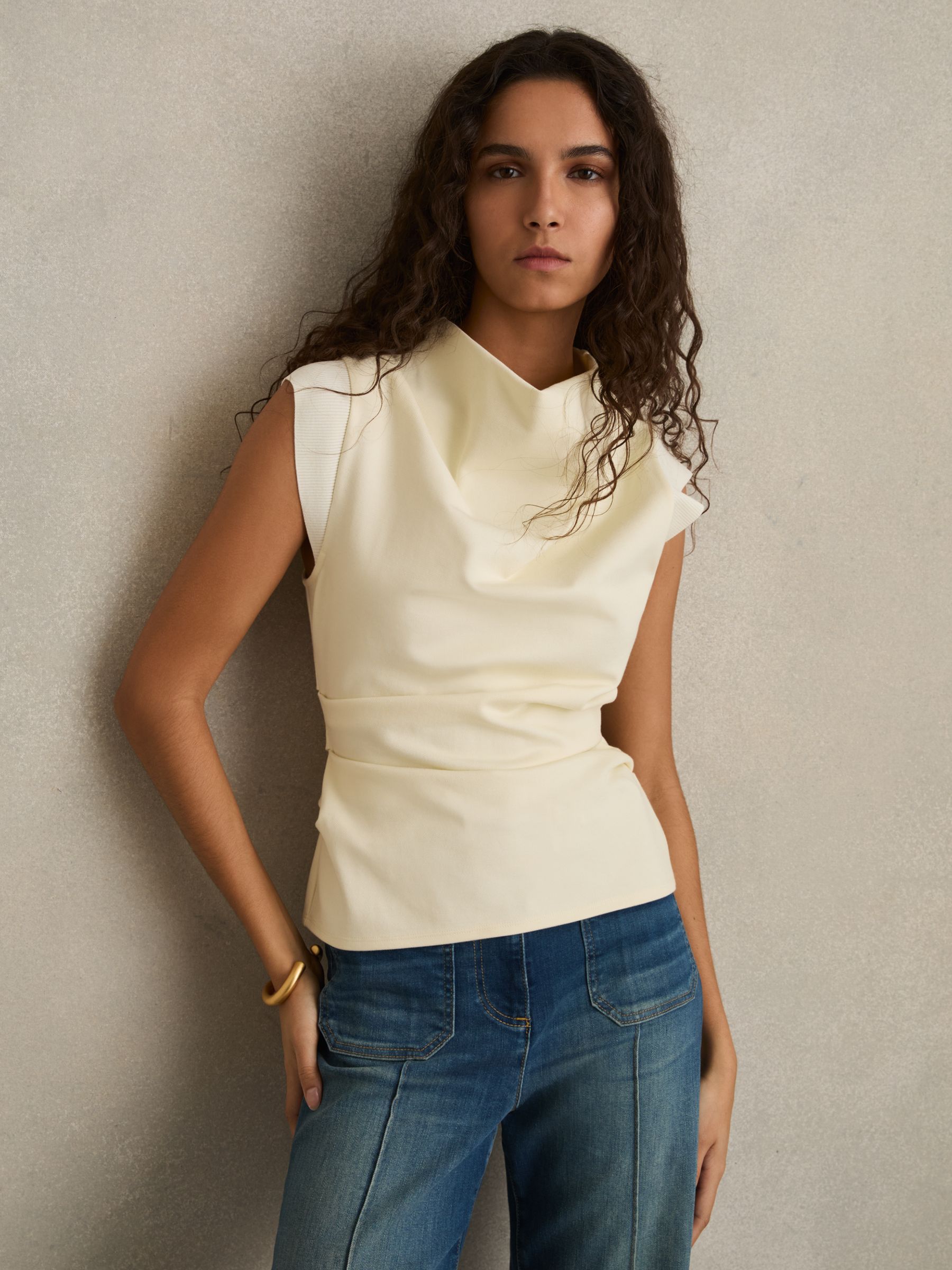 Reiss Draped Jersey-Twill Sleeveless Top in Pale Yellow | REISS