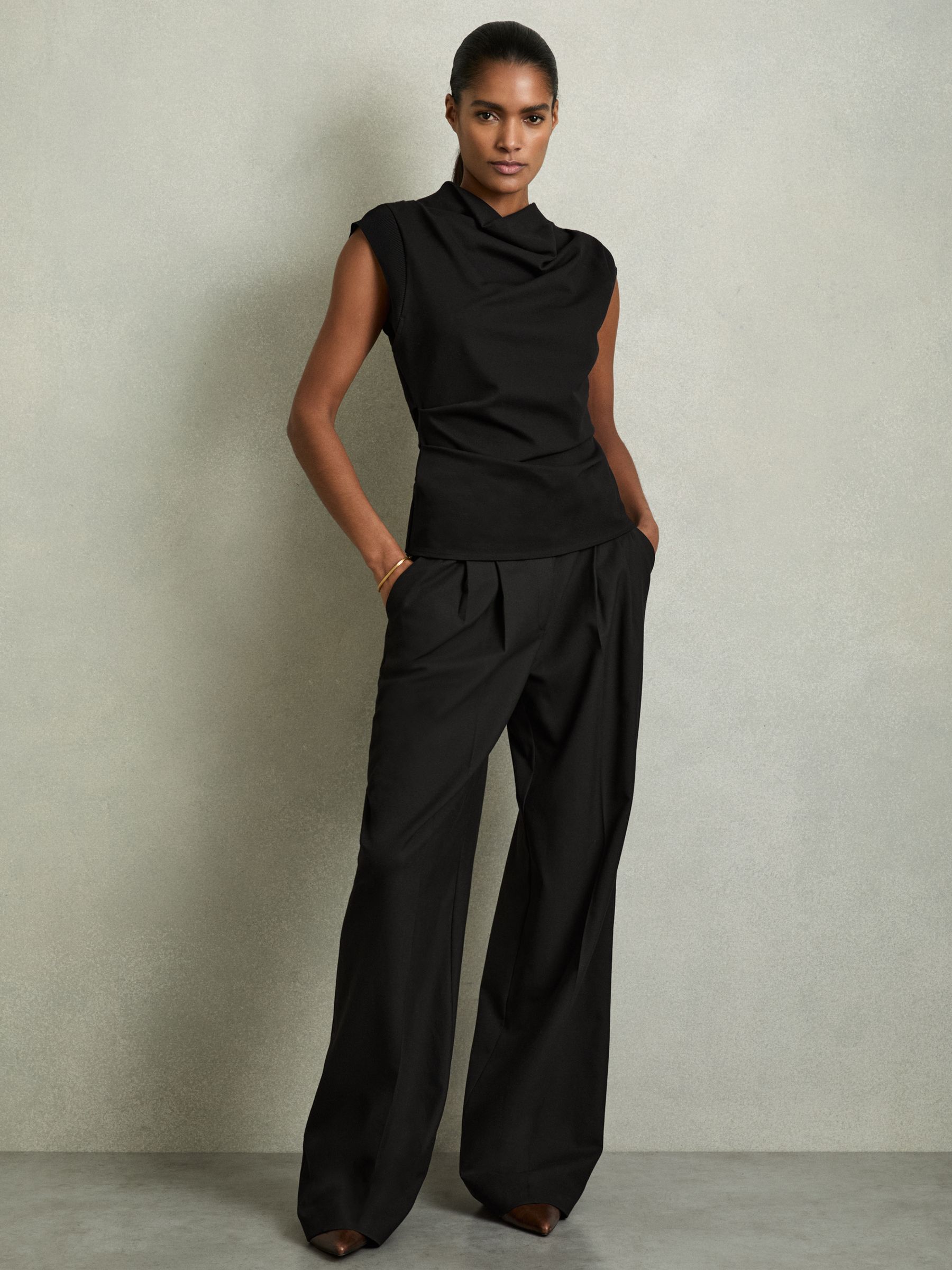 Reiss Draped Jersey-Twill Sleeveless Top in Black - REISS