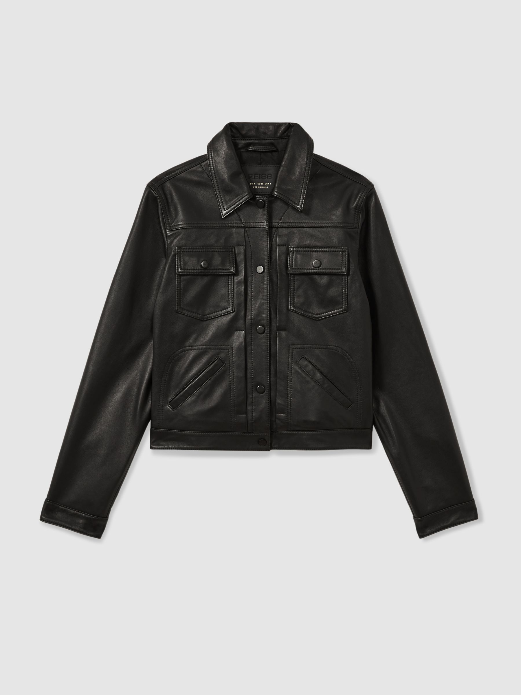 Reiss Leather Trucker Jacket in Black - REISS