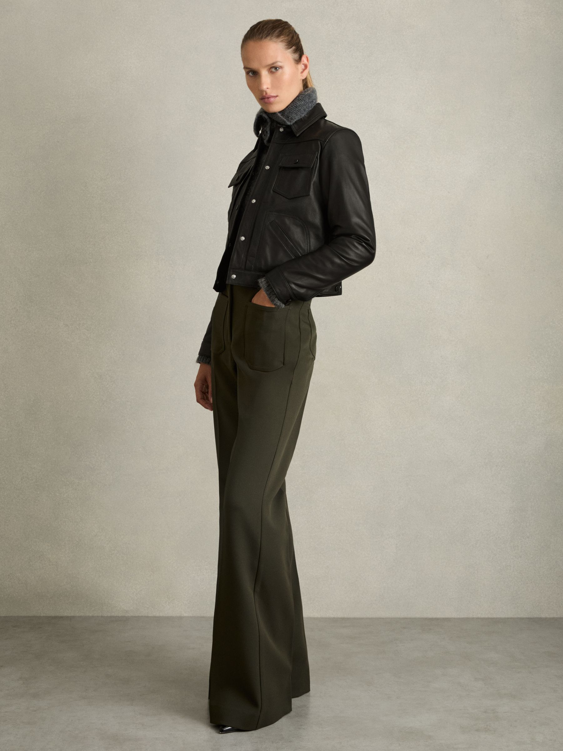 Reiss Leather Trucker Jacket in Black - REISS