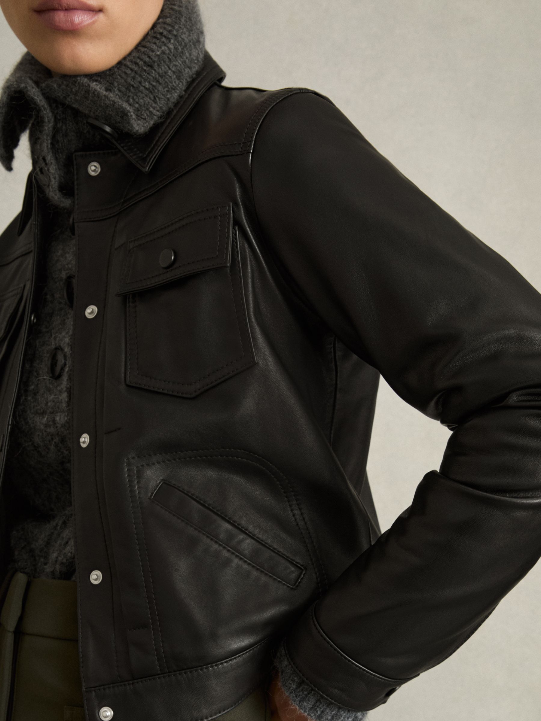 Reiss Leather Trucker Jacket in Black - REISS