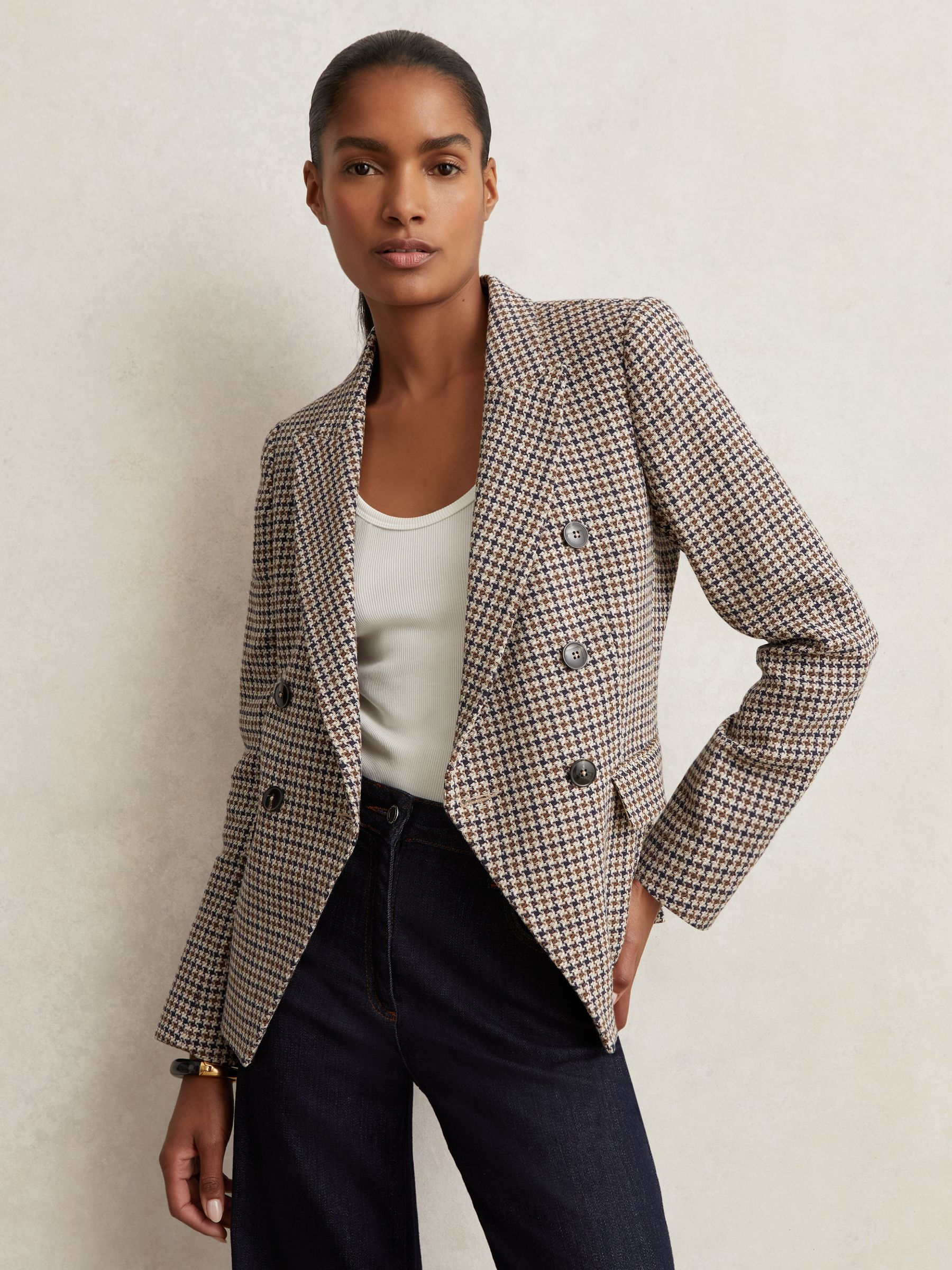 Reiss Cotton-Linen Double-Breasted Houndstooth-Check Blazer in Navy Neutral Check - REISS